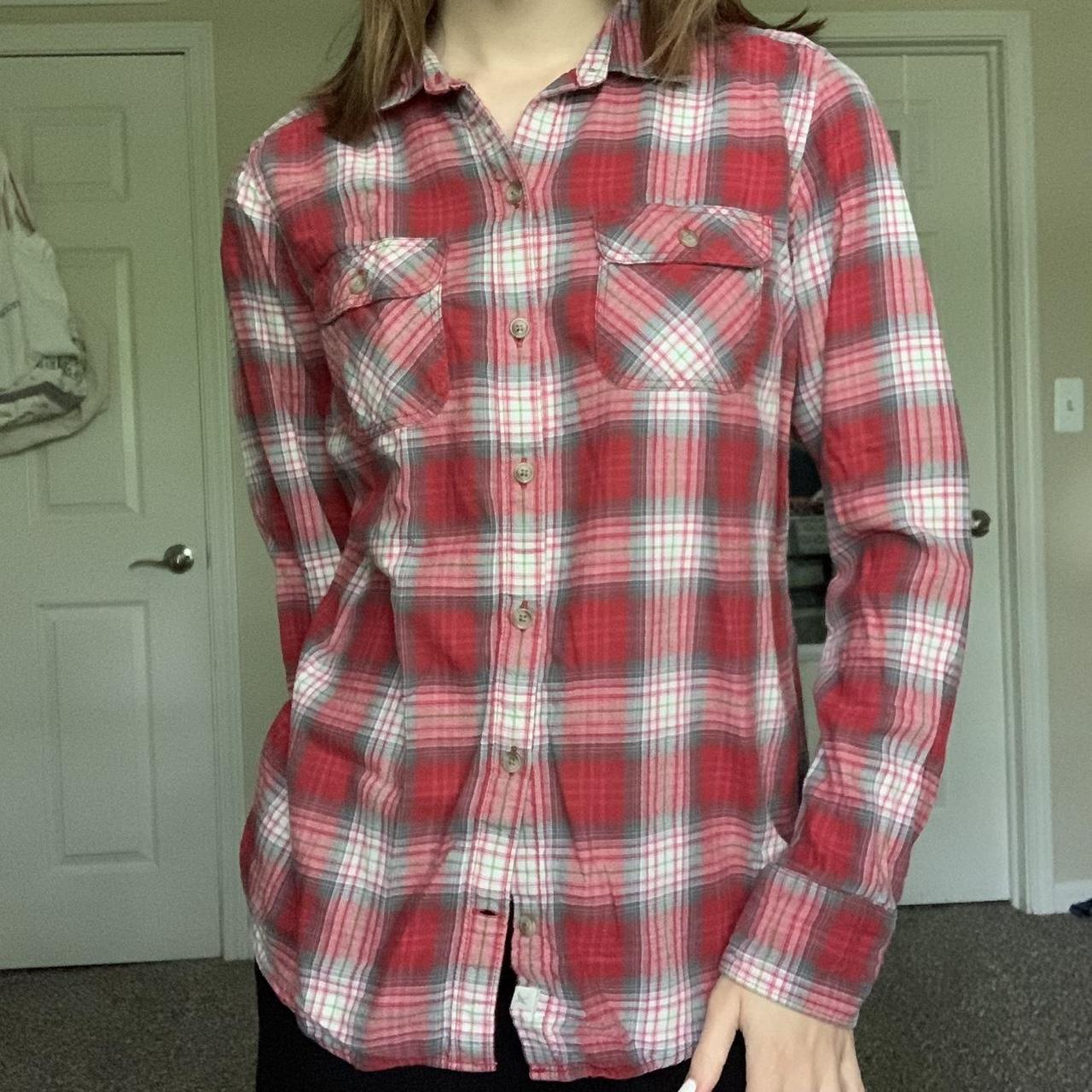 Red, white and grey plaid true flannel long sleeve... - Depop