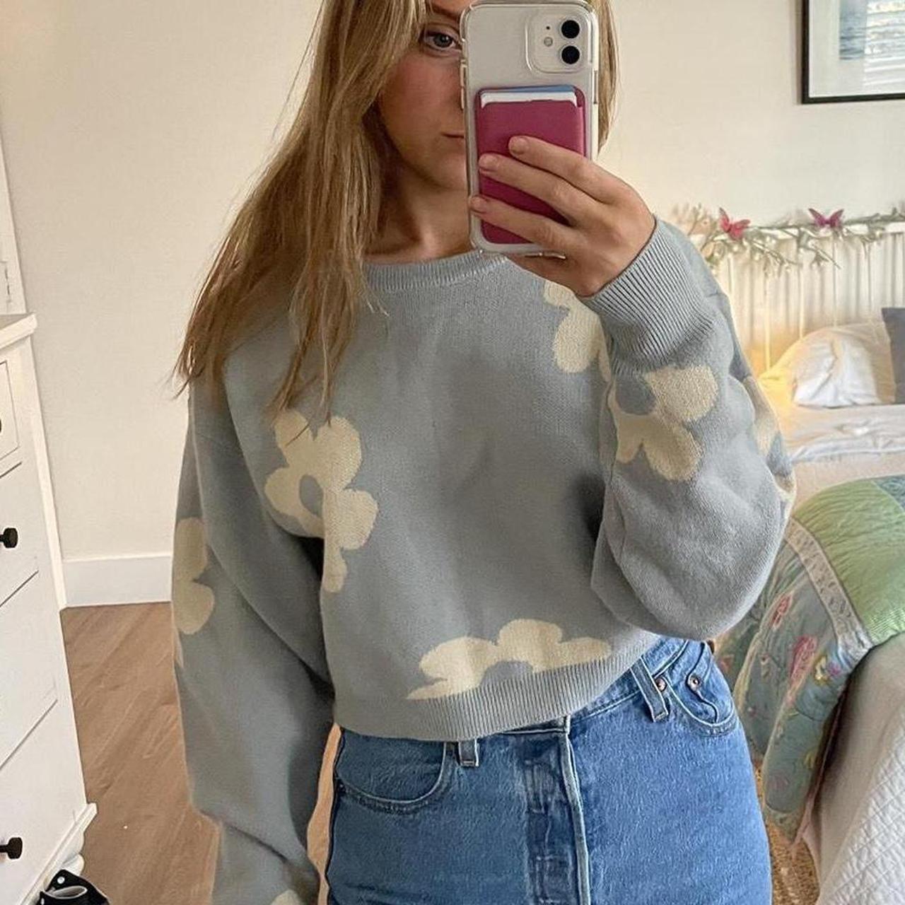 blue and cream colored flower sweater size... - Depop