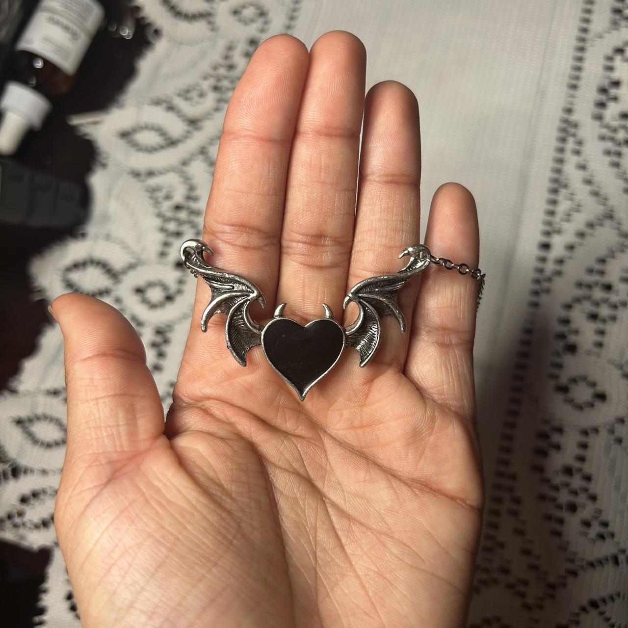 Black Batwing Heart Necklace Black Enamel and... - Depop