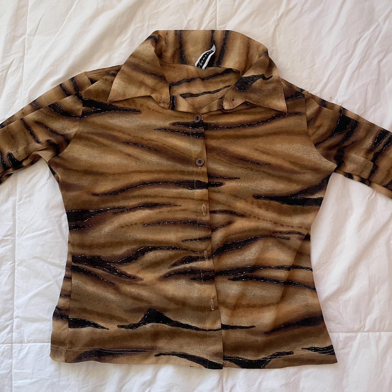 Sheer long sleeve tiger print button up. - Depop