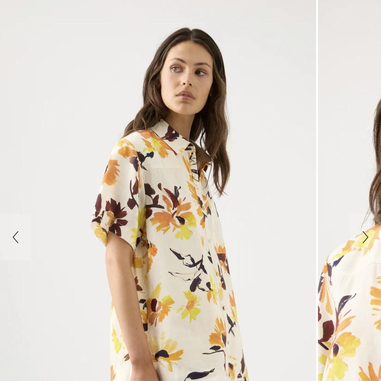 Aje linen yellow floral button up shirt. Gold top... - Depop