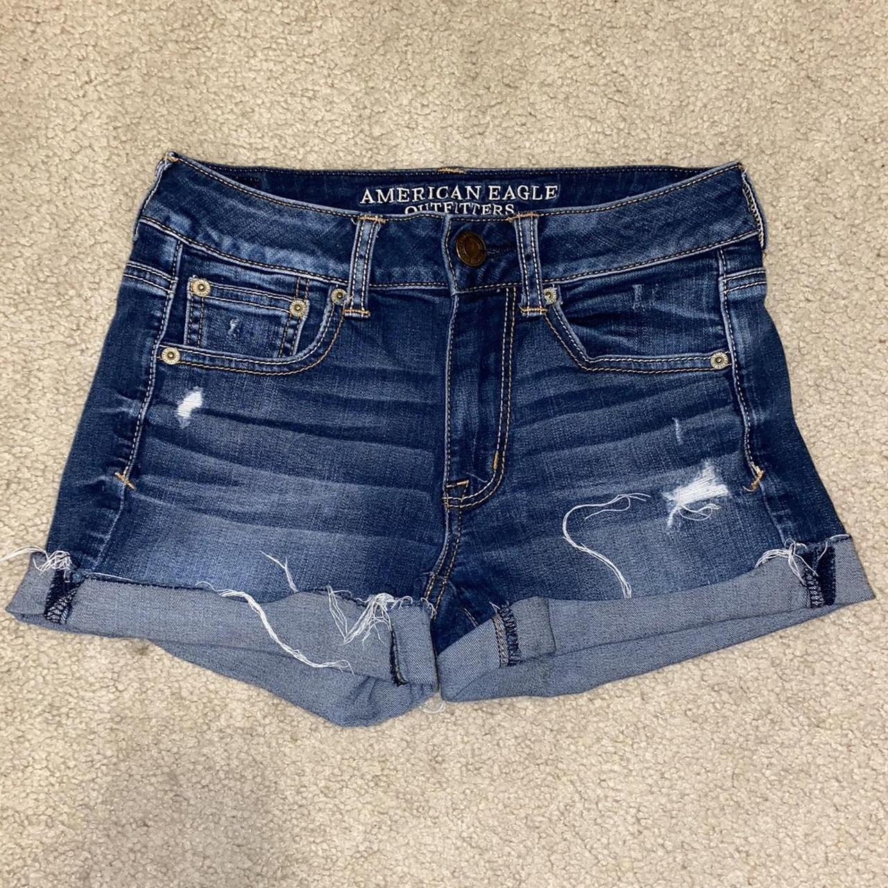 american eagle shorts dark wash, lightly distressed,... - Depop