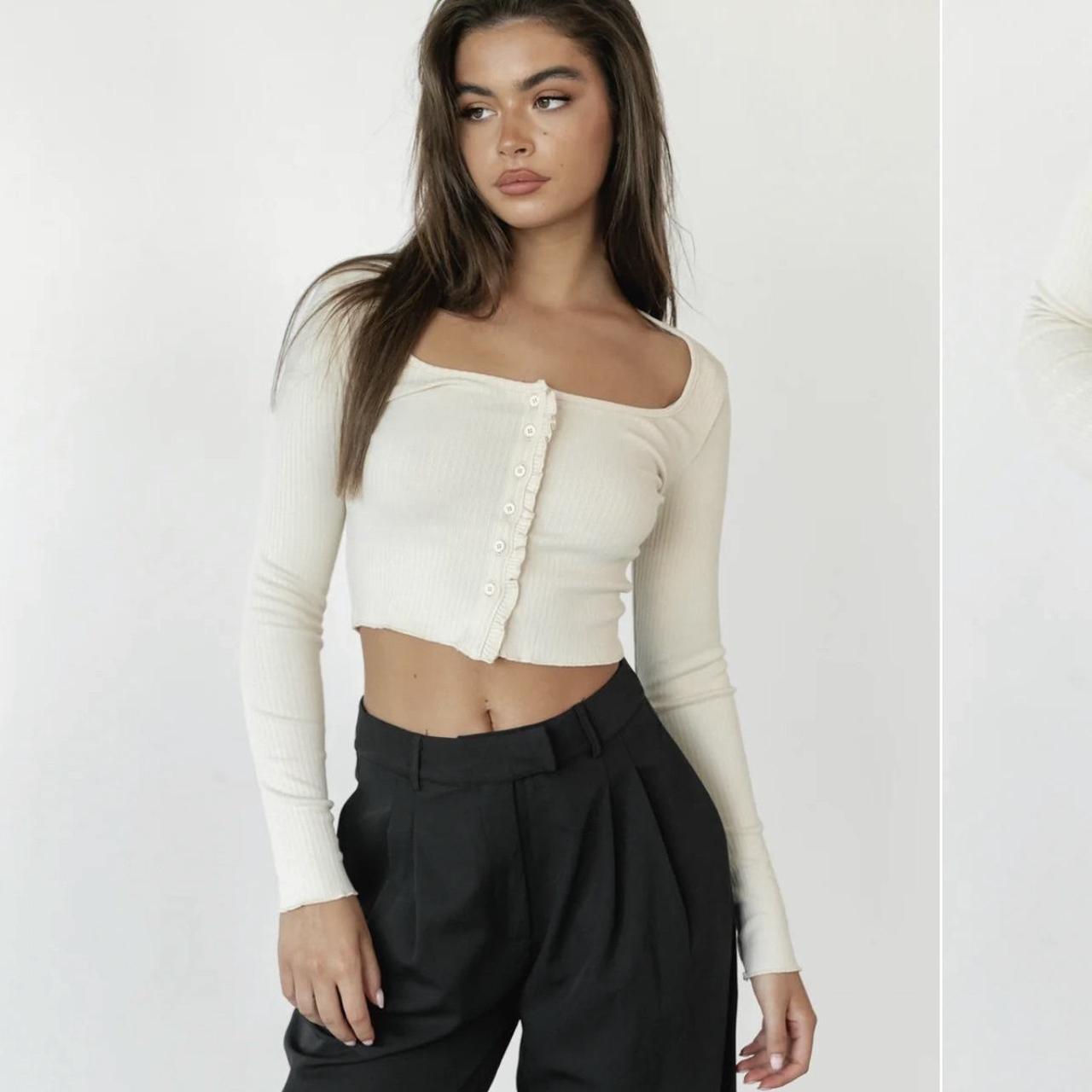 Beige long sleeve button up crop top - Charcoal... - Depop