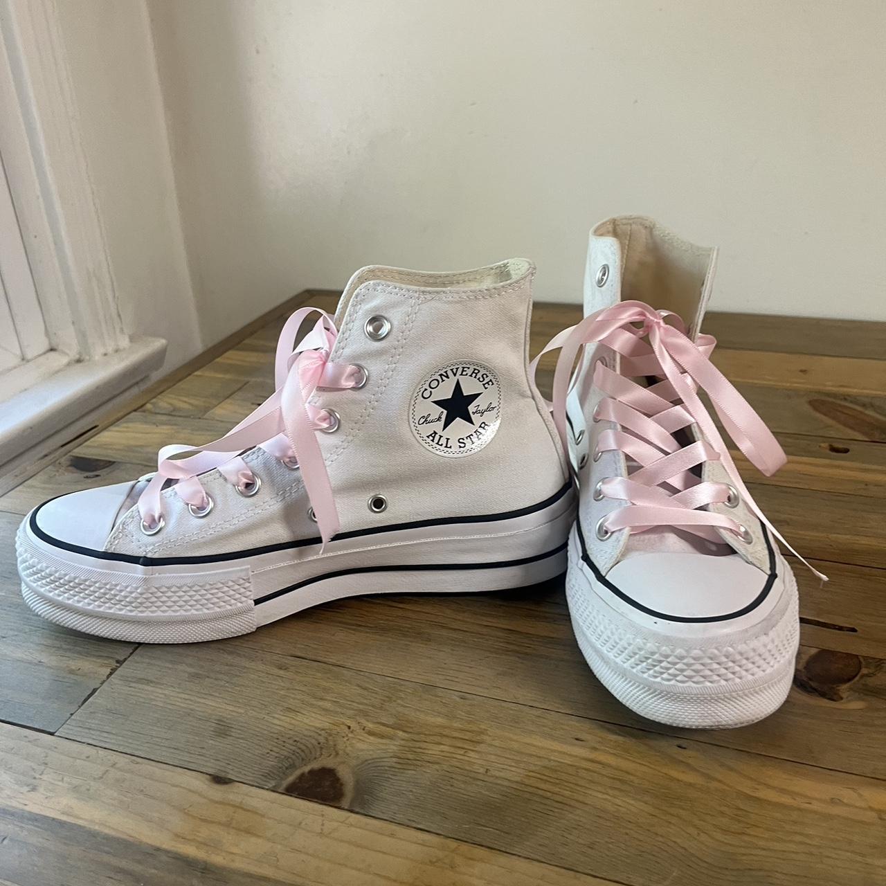 White platform converse with pink ribbon laces... - Depop