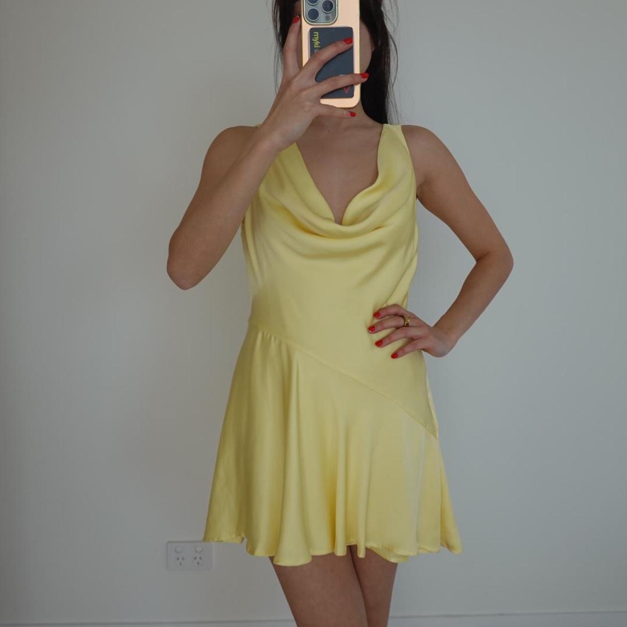 Meshki Alyce Satin Yellow Cowl Neck Mini Dress XS/6... - Depop