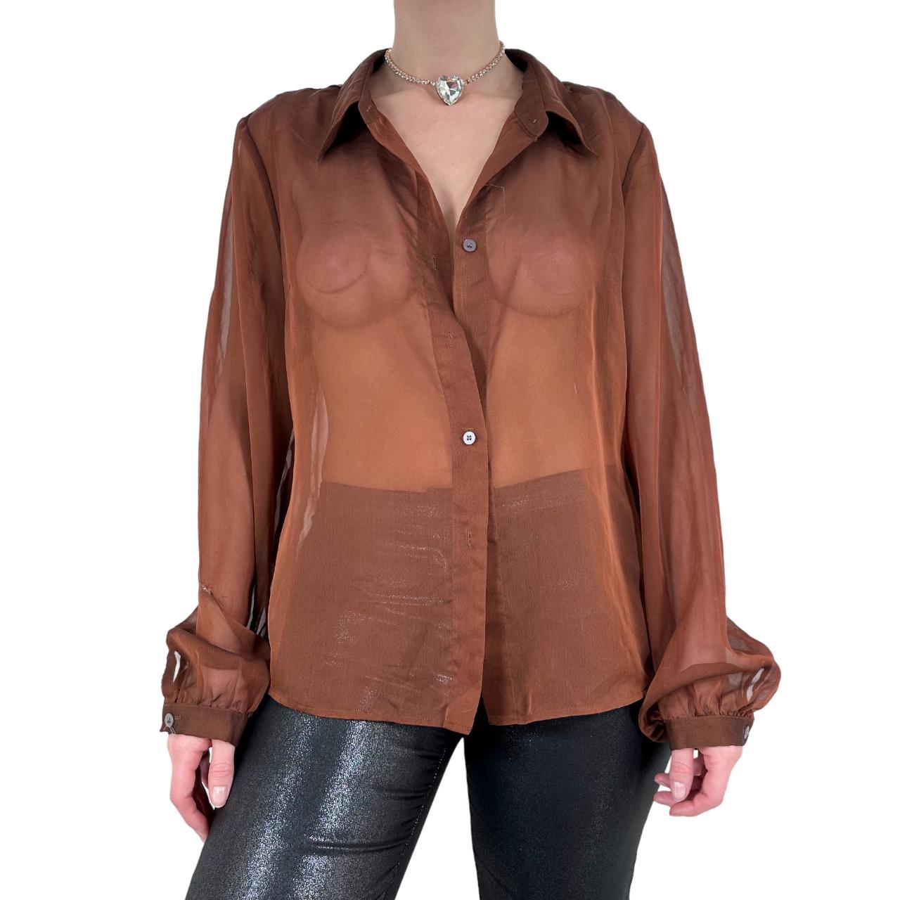 [#1914] [#23JA] 90s Vintage Brown Sheer Button Down... - Depop
