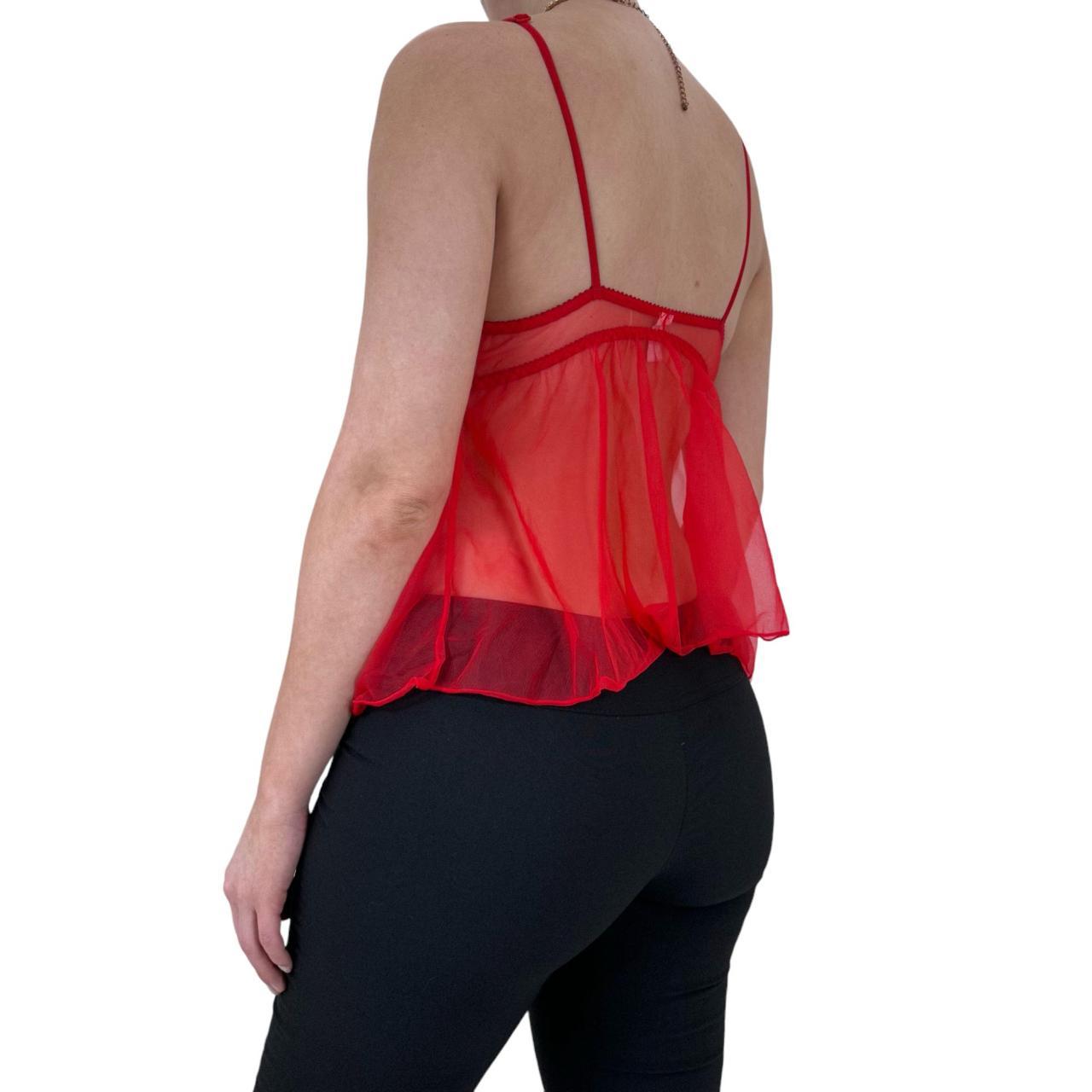 [#4389] [#23MR] 90s Vintage Sheer Red Top Fits... - Depop