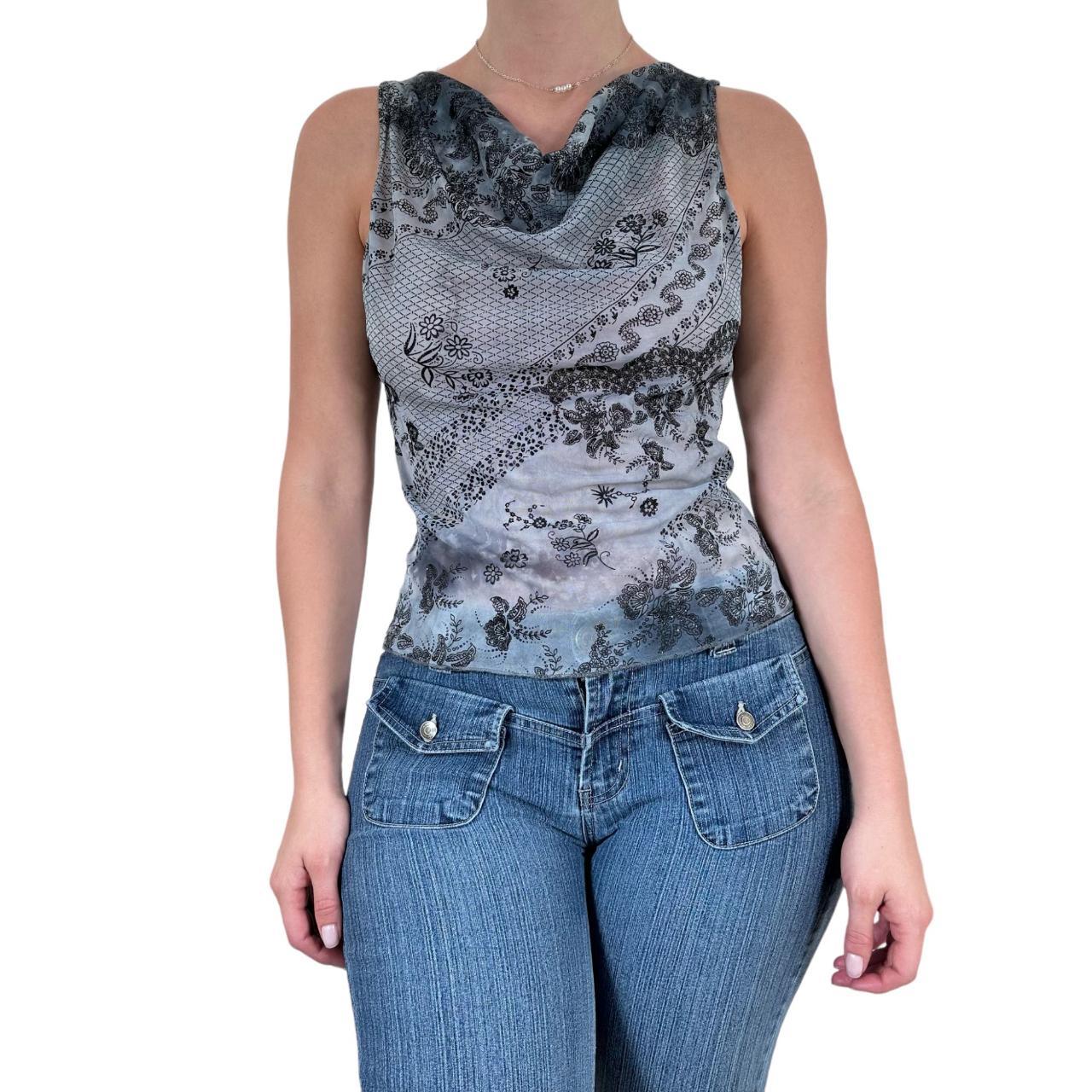 [#105] [#23JY] Y2k Vintage Grey Floral Sheer Cowl... - Depop