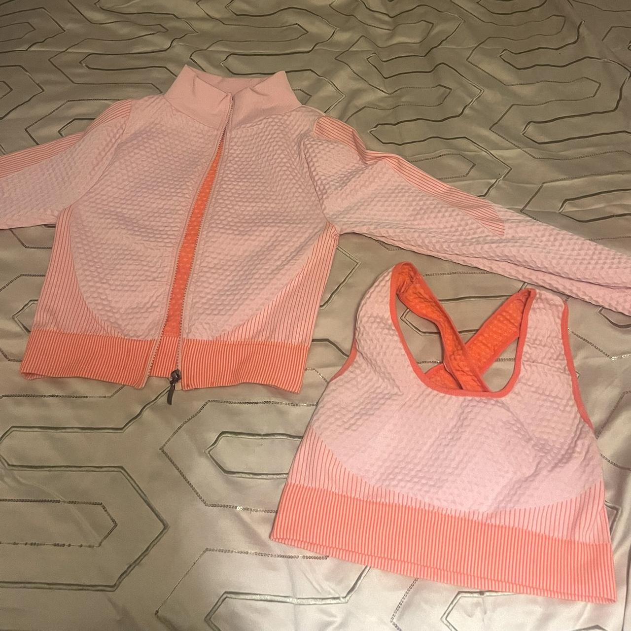 3 piece pink/orange gym set not worn for ages can... - Depop
