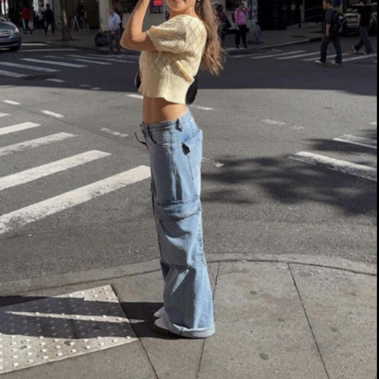 ZARA unworn low rise denim cargo jeans with flare. - Depop