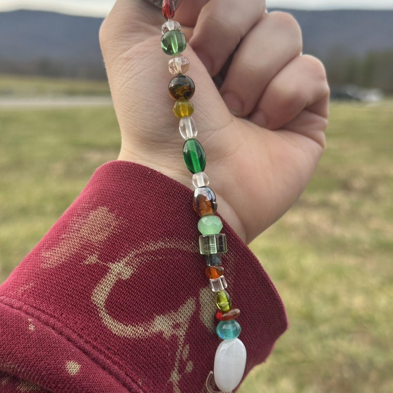 Green and multi-coloured glass bead keychain | Depop