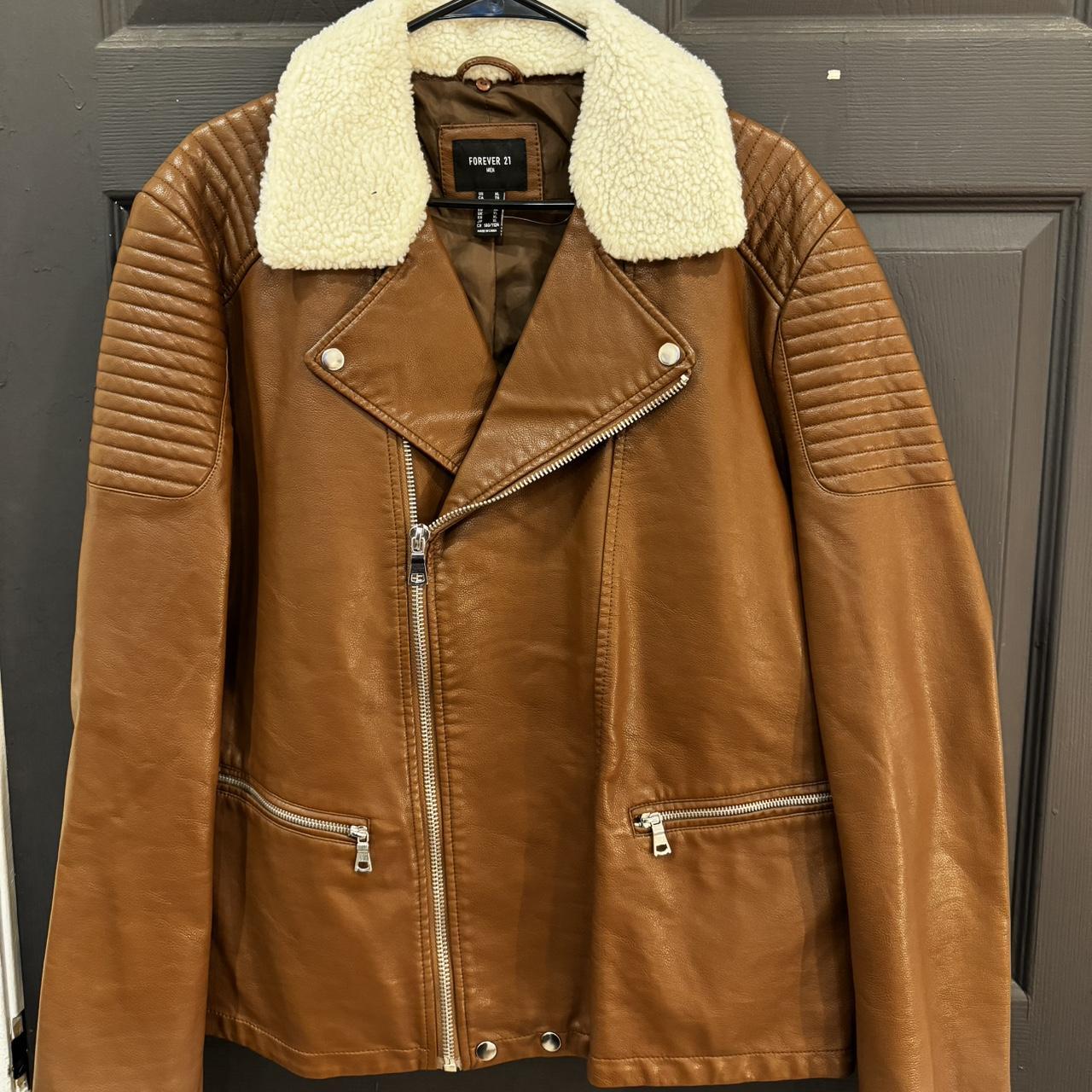 (FOREVER 21) Men’s Brown Faux Leather Motto zip... - Depop