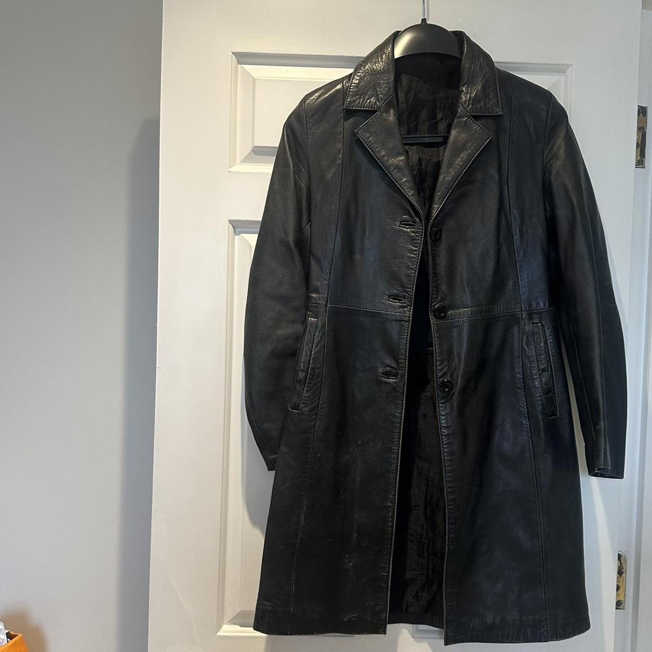 Black vintage faux leather long jacket Selling bc... - Depop