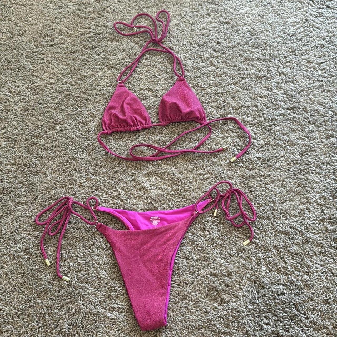 monday swimwear pink shimmer bikini top-... - Depop