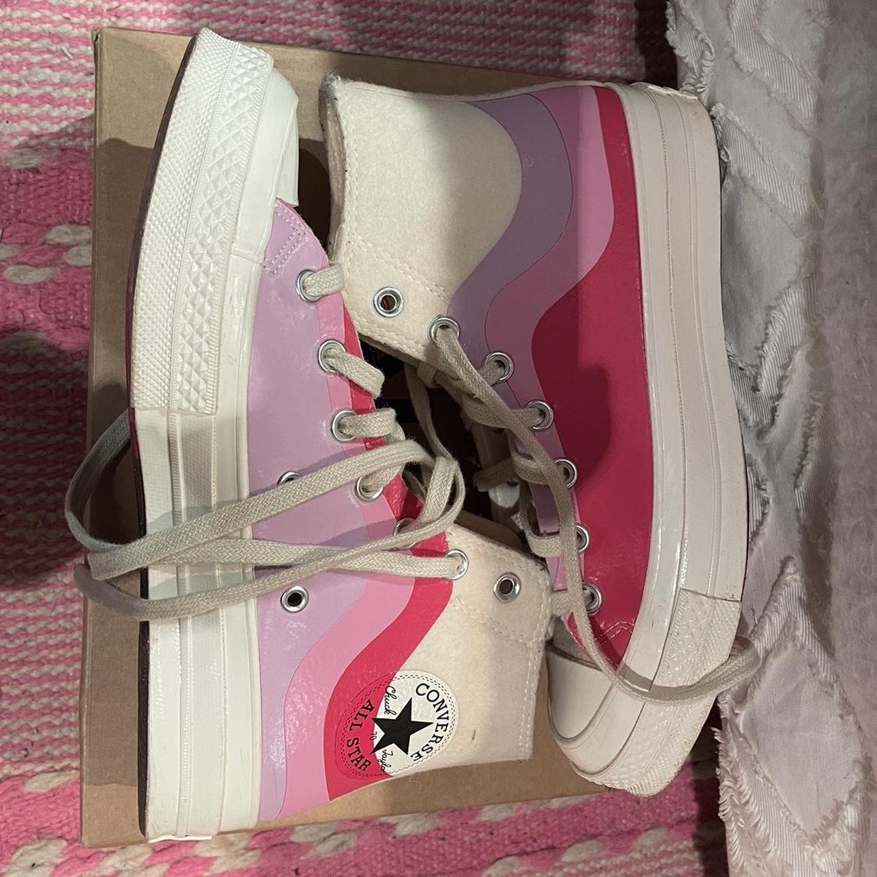 unique pink and white converse!! With wave design -... - Depop