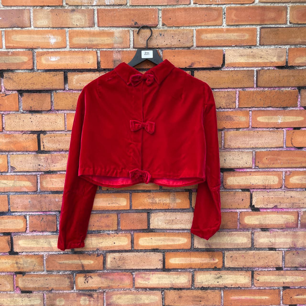 vintage 50s red velvet cropped bow jacket / xs s... - Depop