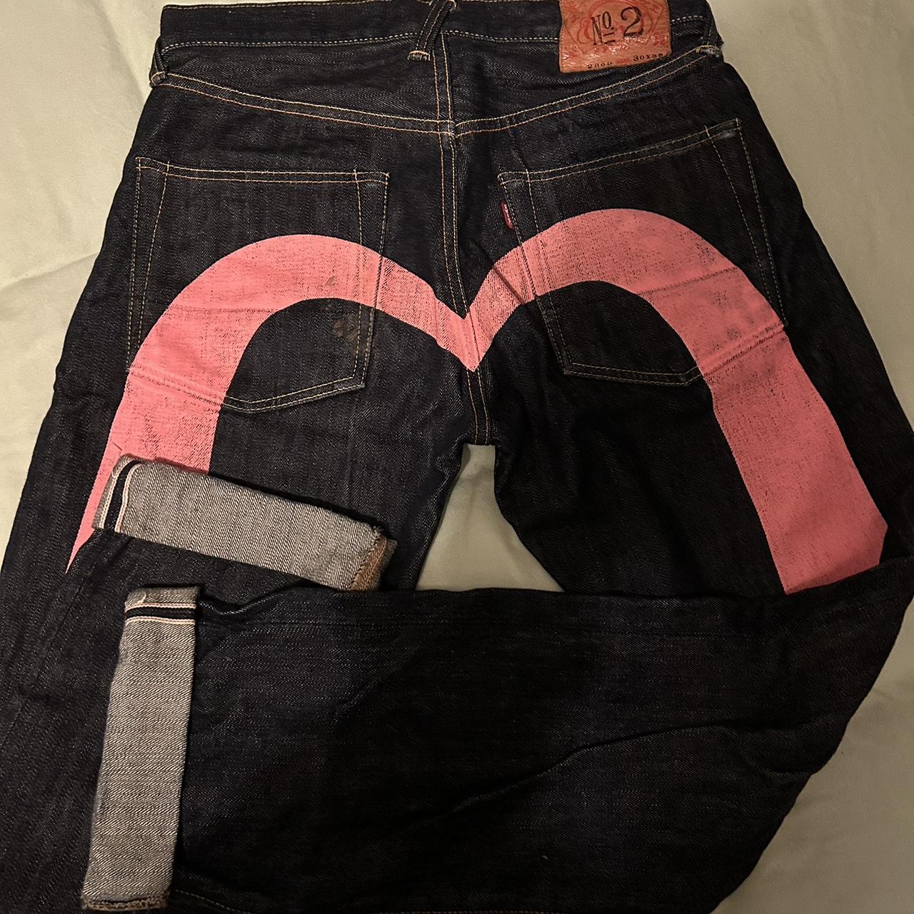 Evisu Women's Pink and Navy Jeans | Depop