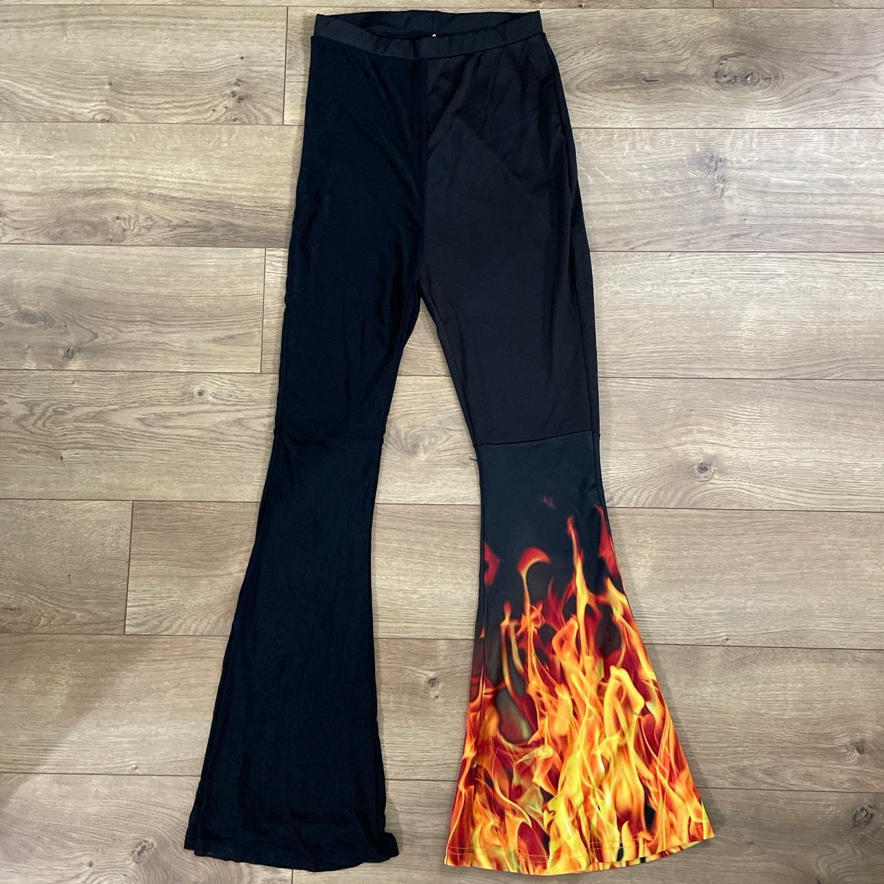 Split Mesh Flame Flare Pants One leg is solid with... - Depop