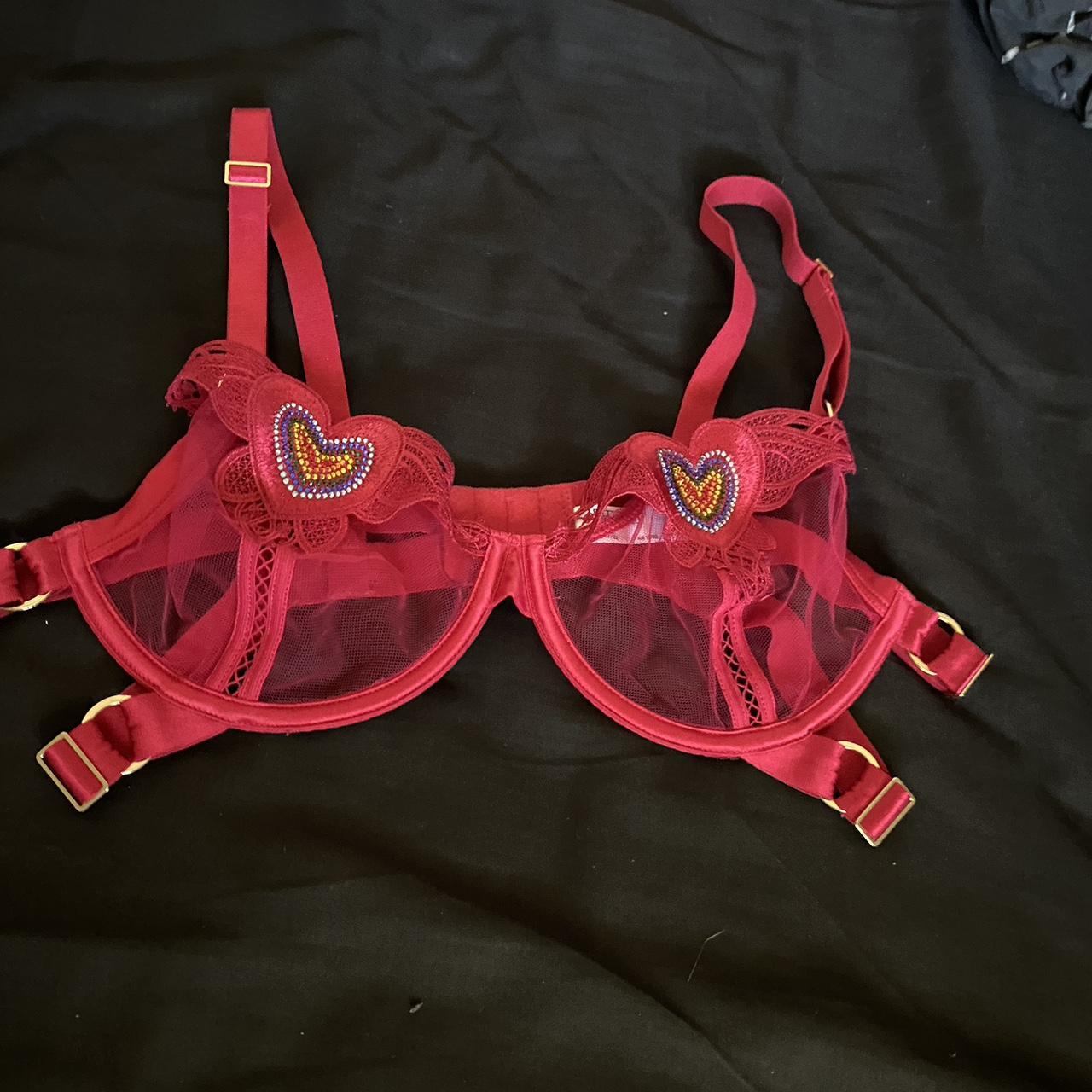 Red sexy bra Barely worn Sheer Pride diamanté... - Depop