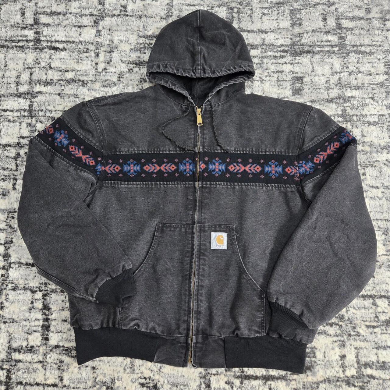 Vtg 90s Carhartt Aztec Hooded Jacket JR0105 Black XL... - Depop