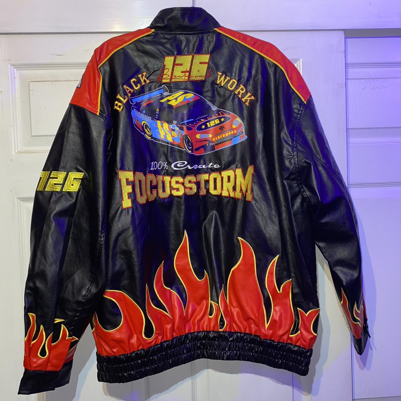 Flame racing jacket Oversized look and embroidered... - Depop