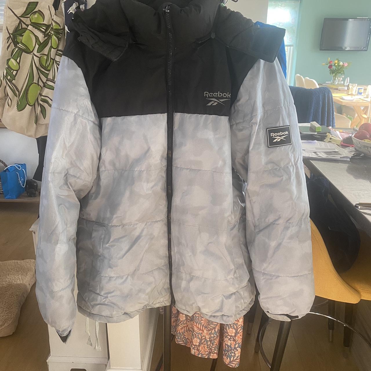Reebok puffer jacket in black, white and grey... | Depop