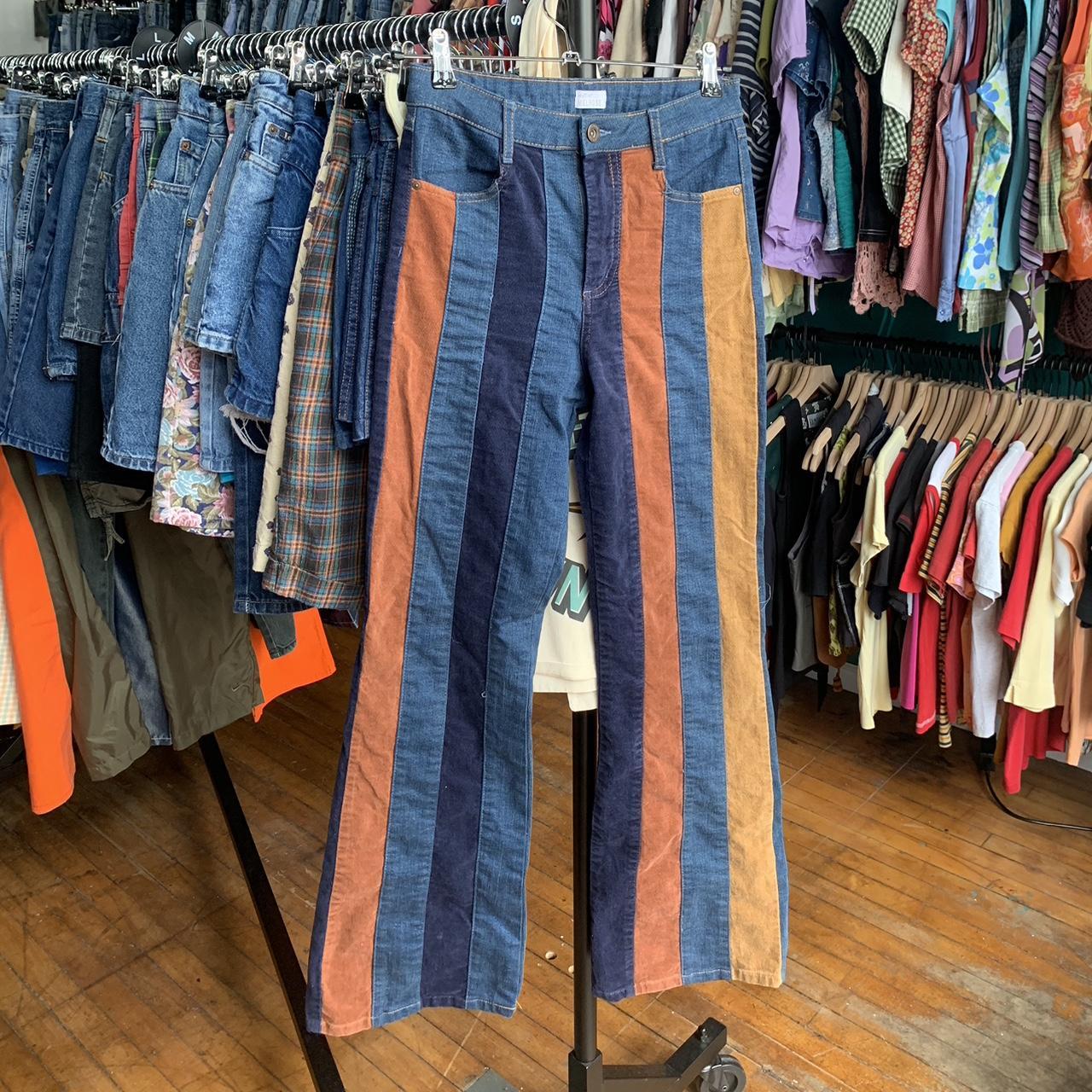 1970s inspired Melrose color blocked suede/denim... - Depop