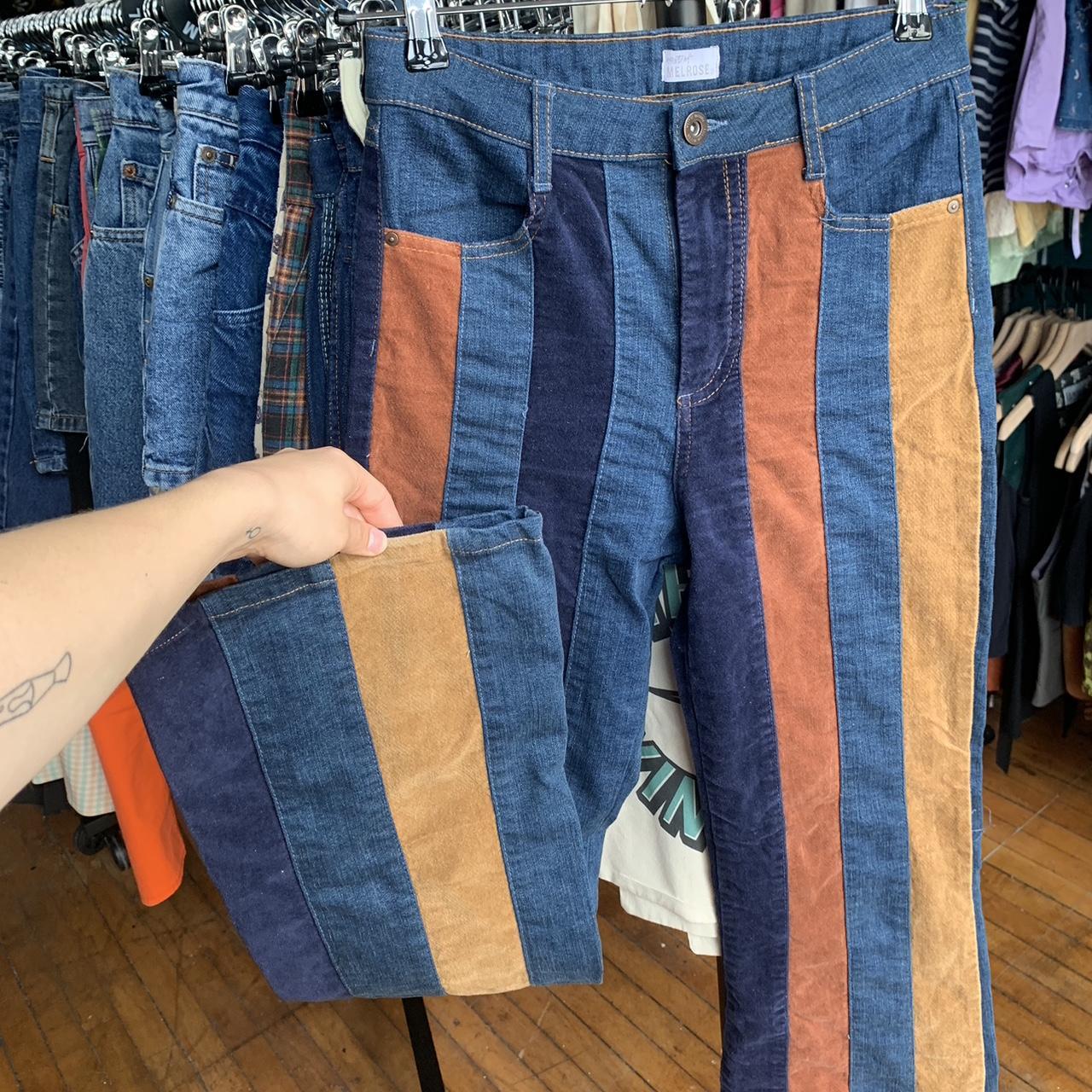 1970s inspired Melrose color blocked suede/denim... - Depop