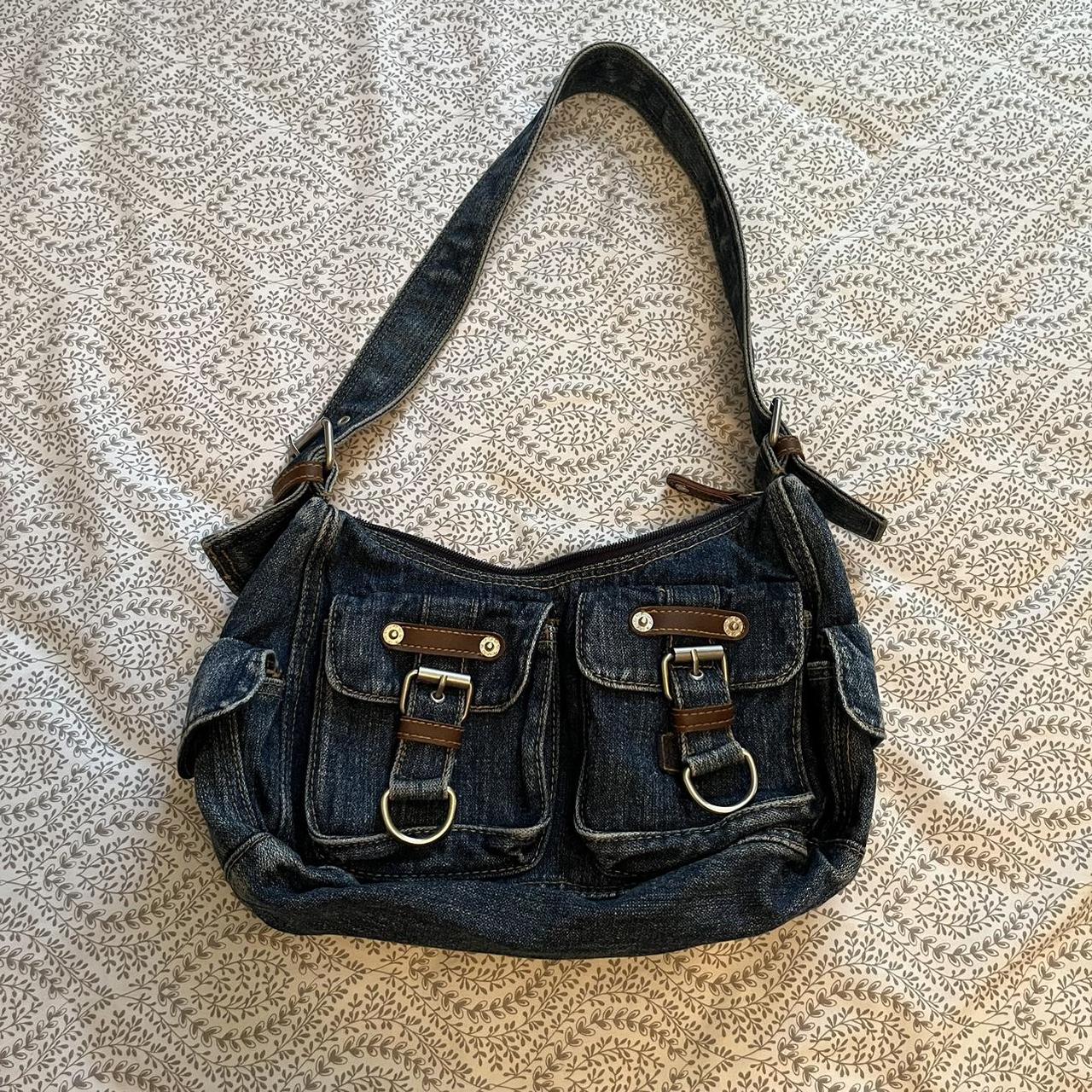 y2k denim mini shoulder bag with the cutest details... - Depop