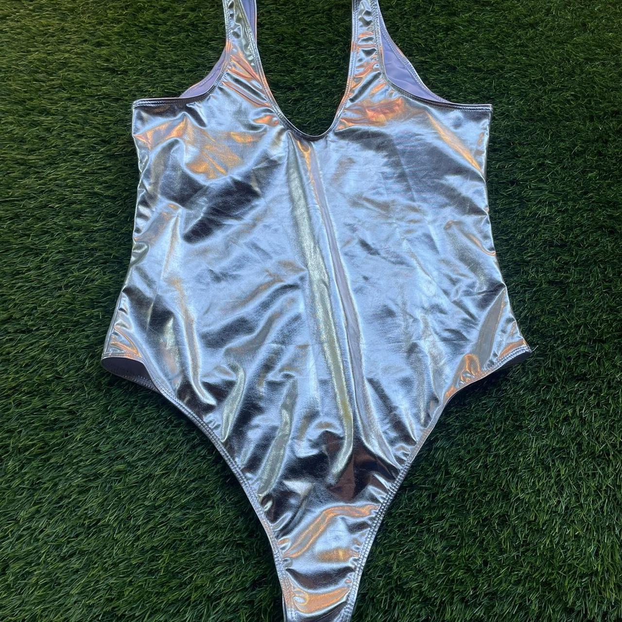 shiny silver metallic rave bodysuit swimsuit -size... - Depop