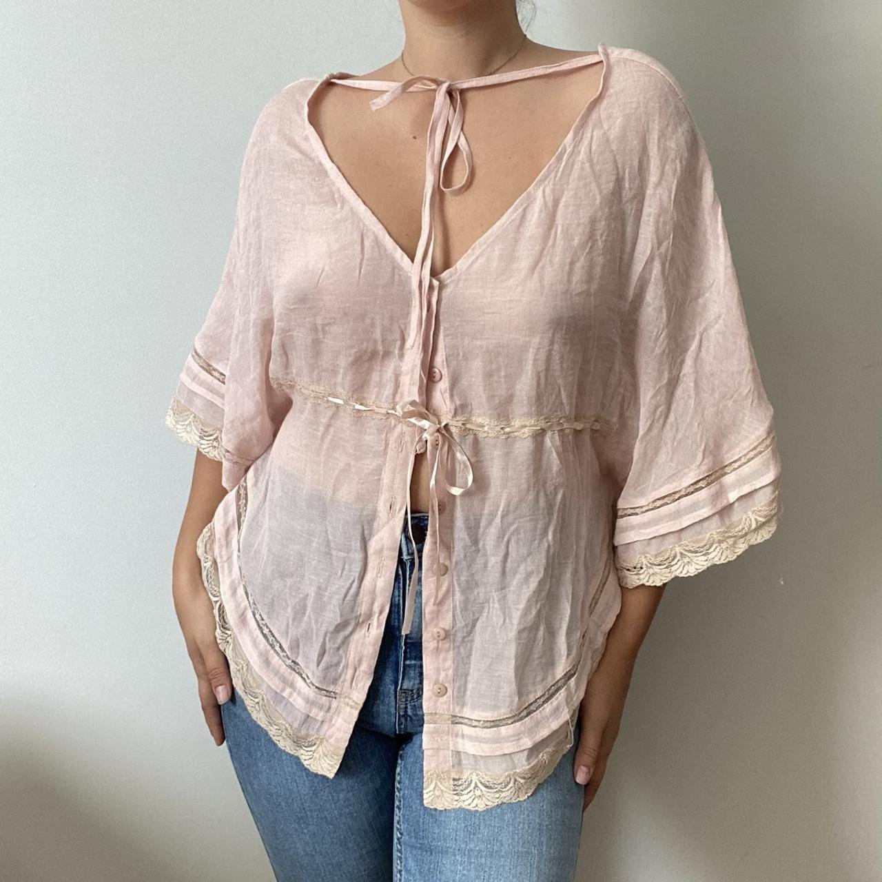 Sheer lacy pink top. Flowy and delicate with ribbons... - Depop