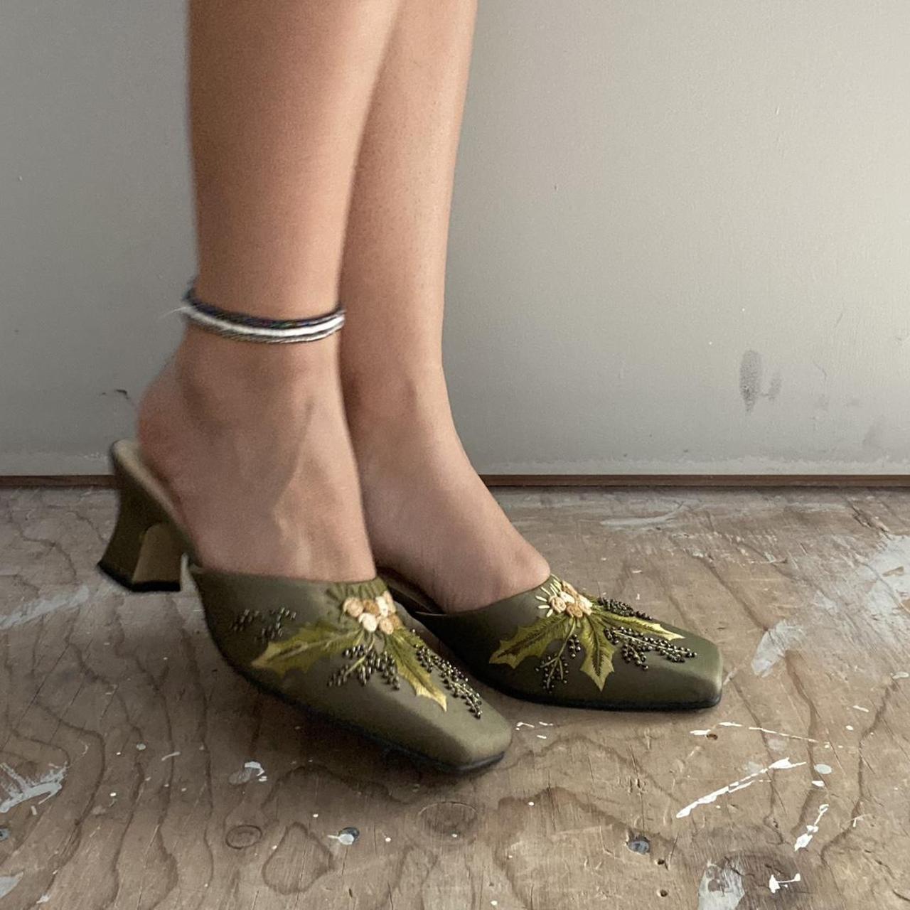 Floral green mule sandals. Features beautiful... - Depop