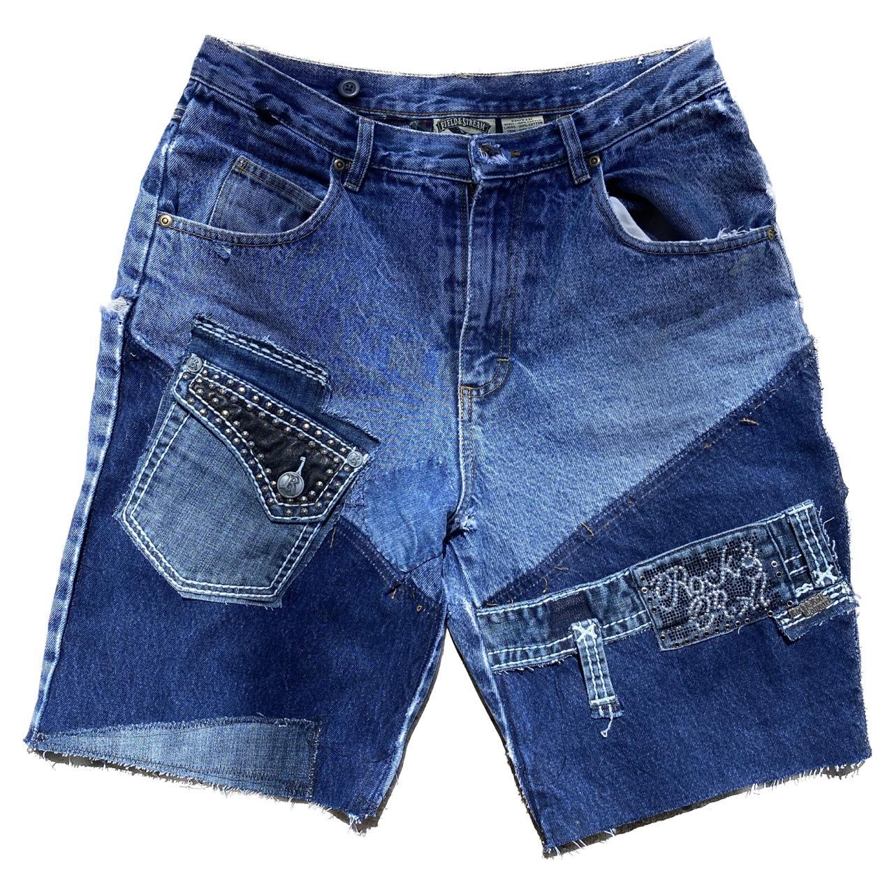 Reworked rhinestone double knee jorts 32w , length... - Depop