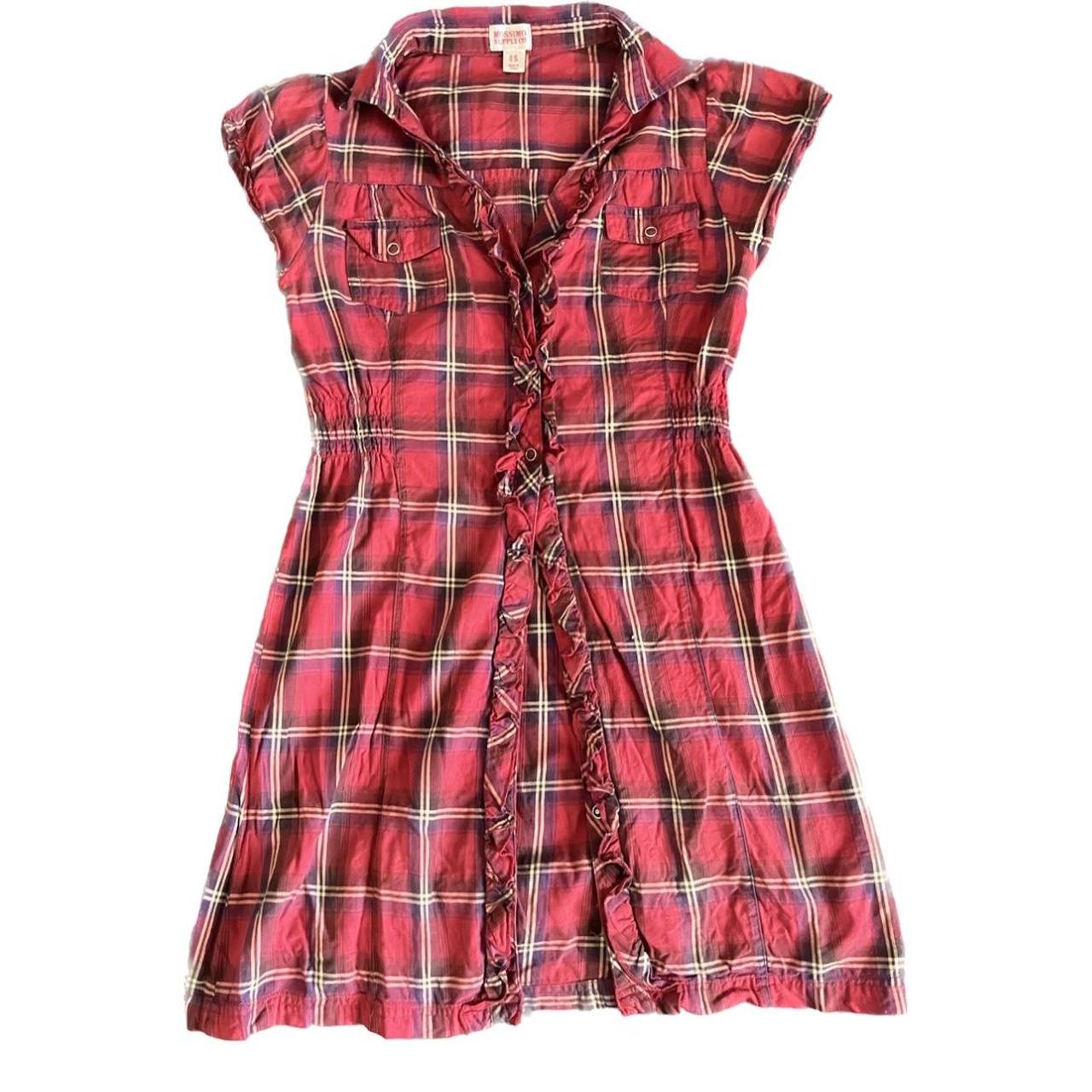 Mossimo Supply co red plaid frilly cinched button up... - Depop