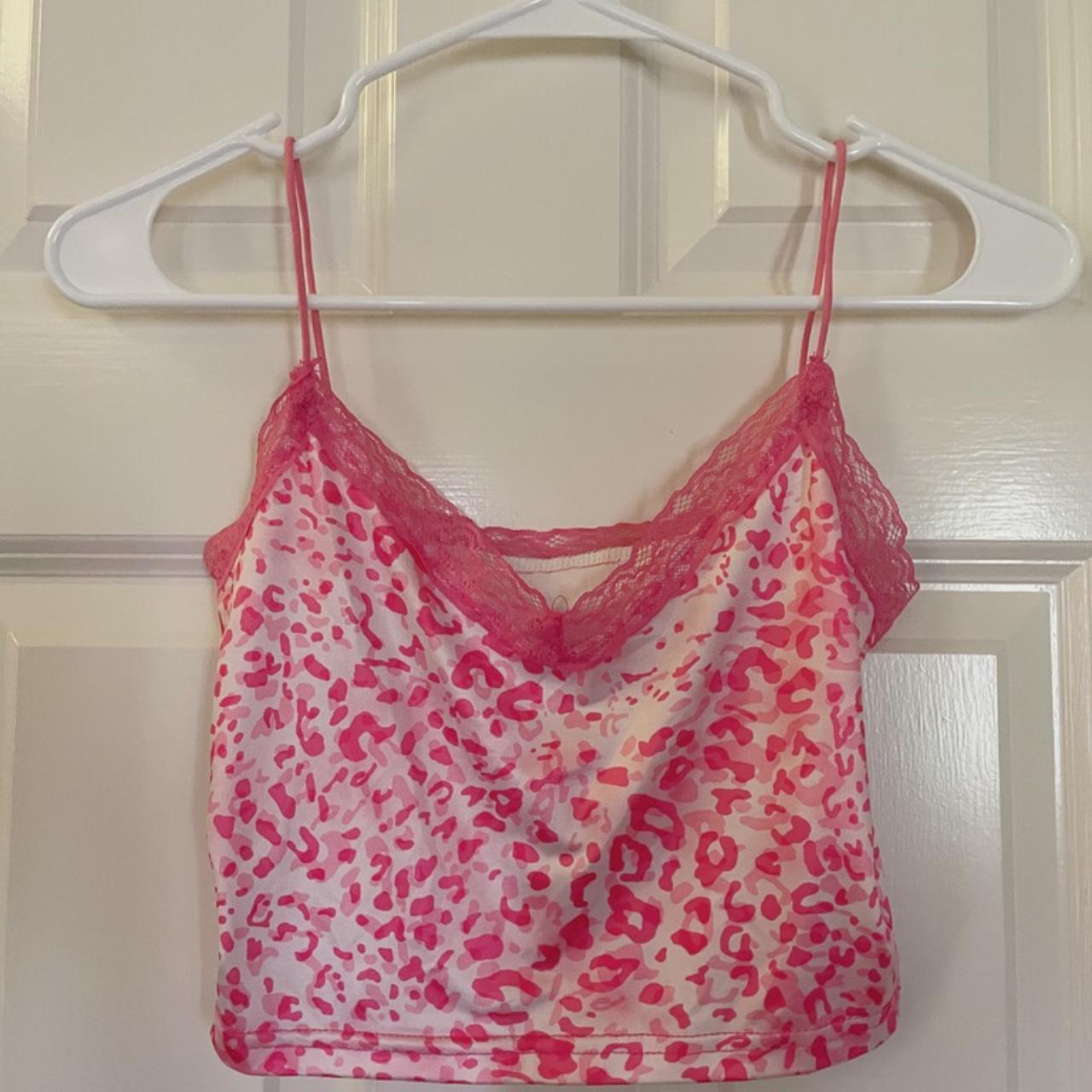hot pink cheetah prink lace lined tank crop top,... - Depop