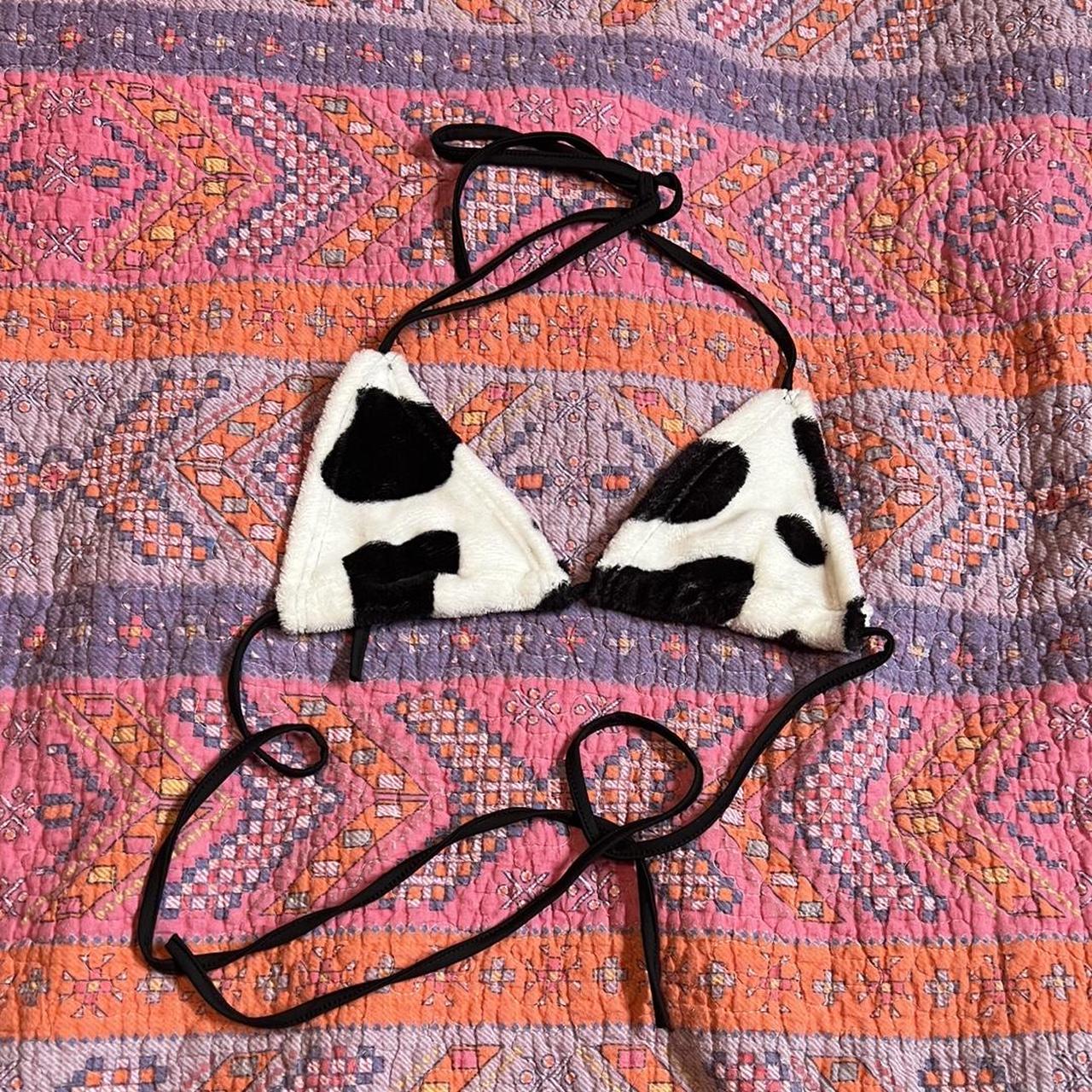 Cow print adjustable furry bra top #glam #unique... - Depop