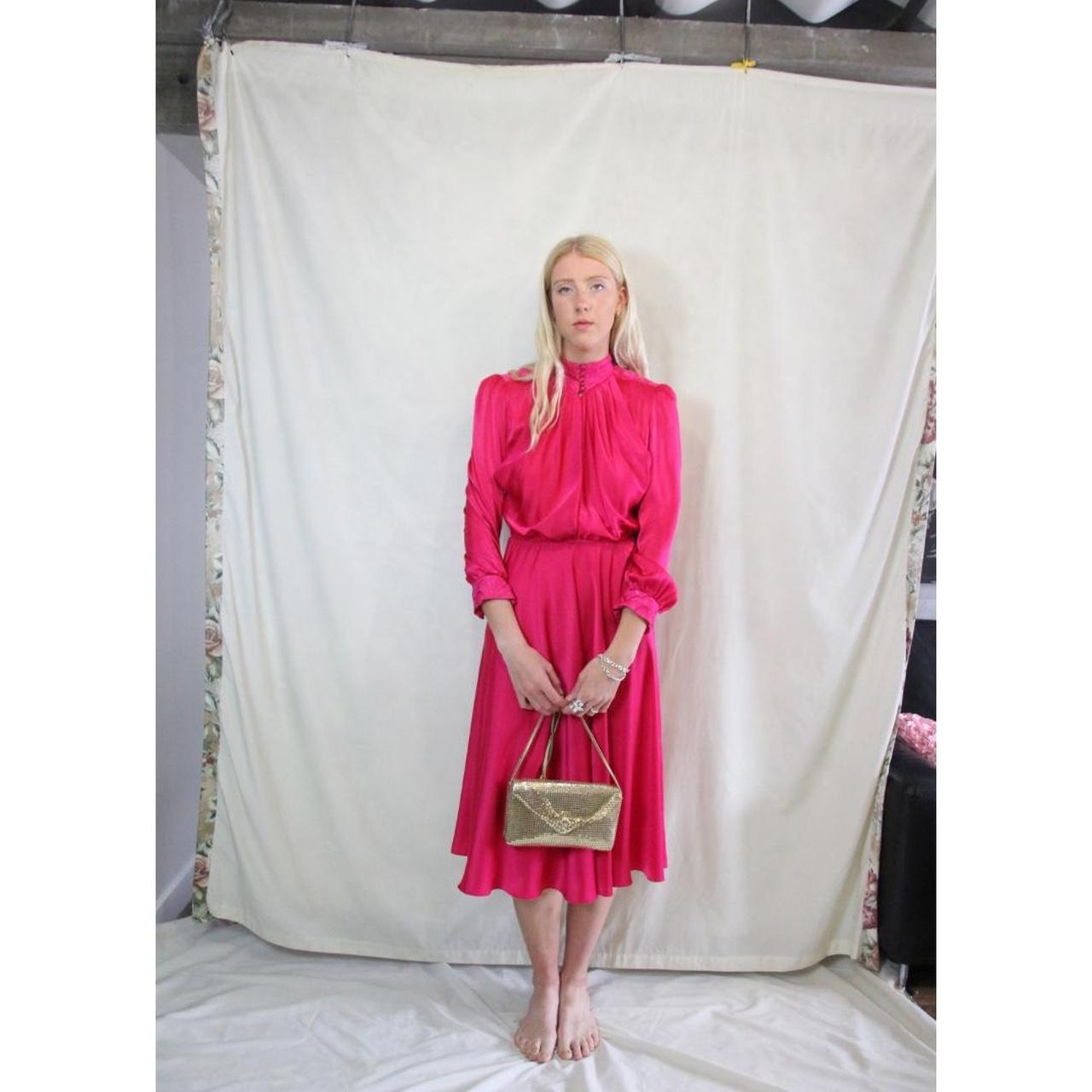 Pink 80s vintage satin style dress with elastic... - Depop