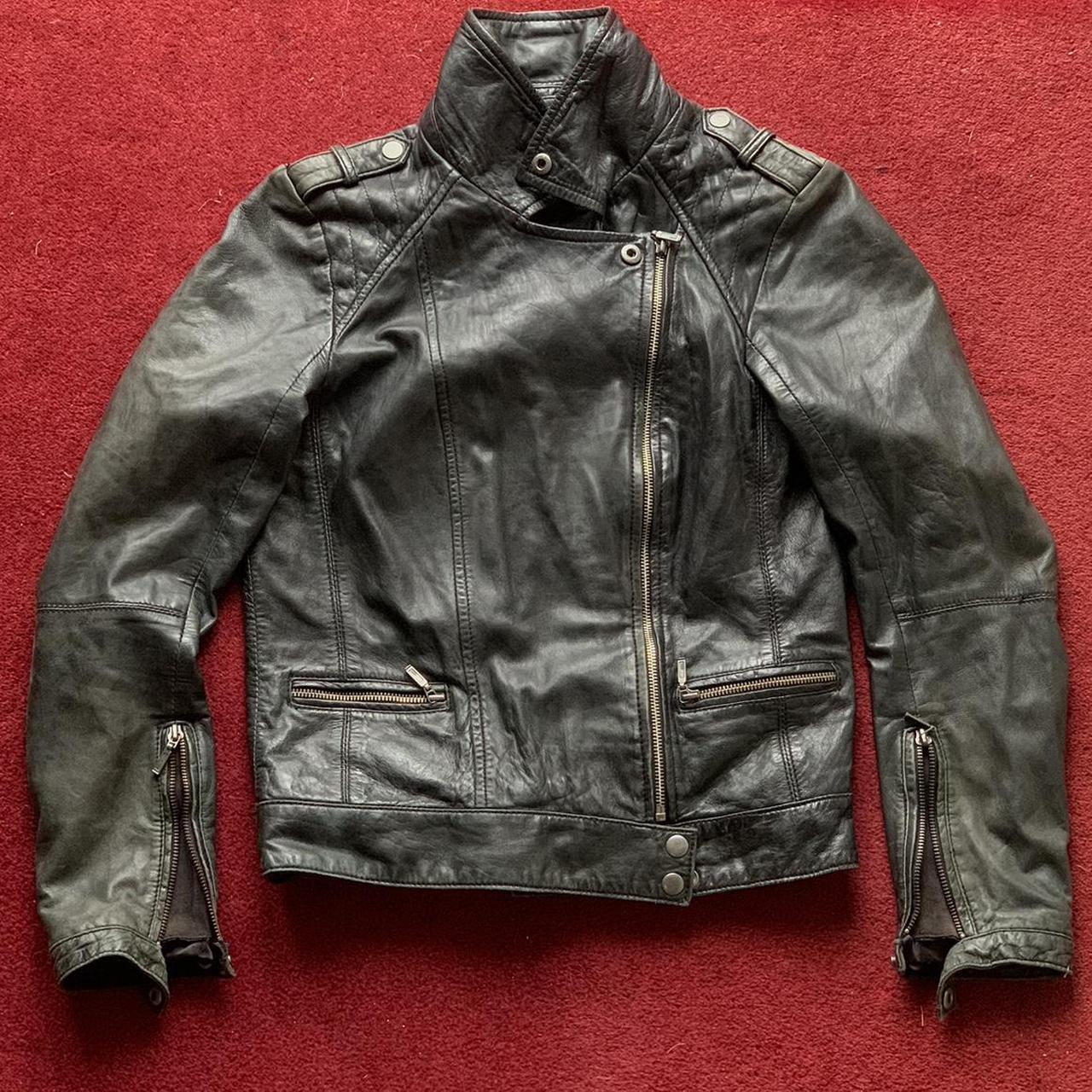 black vintage sheepskin leather biker style jacket.... - Depop