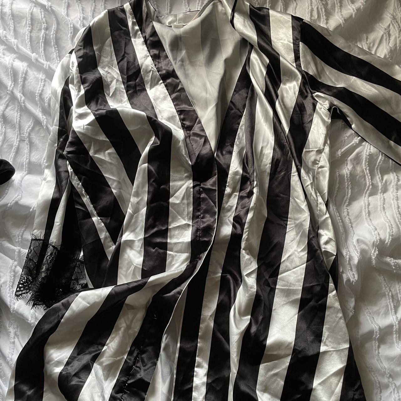 Silk Black and white pinstriped robe with lace on... - Depop