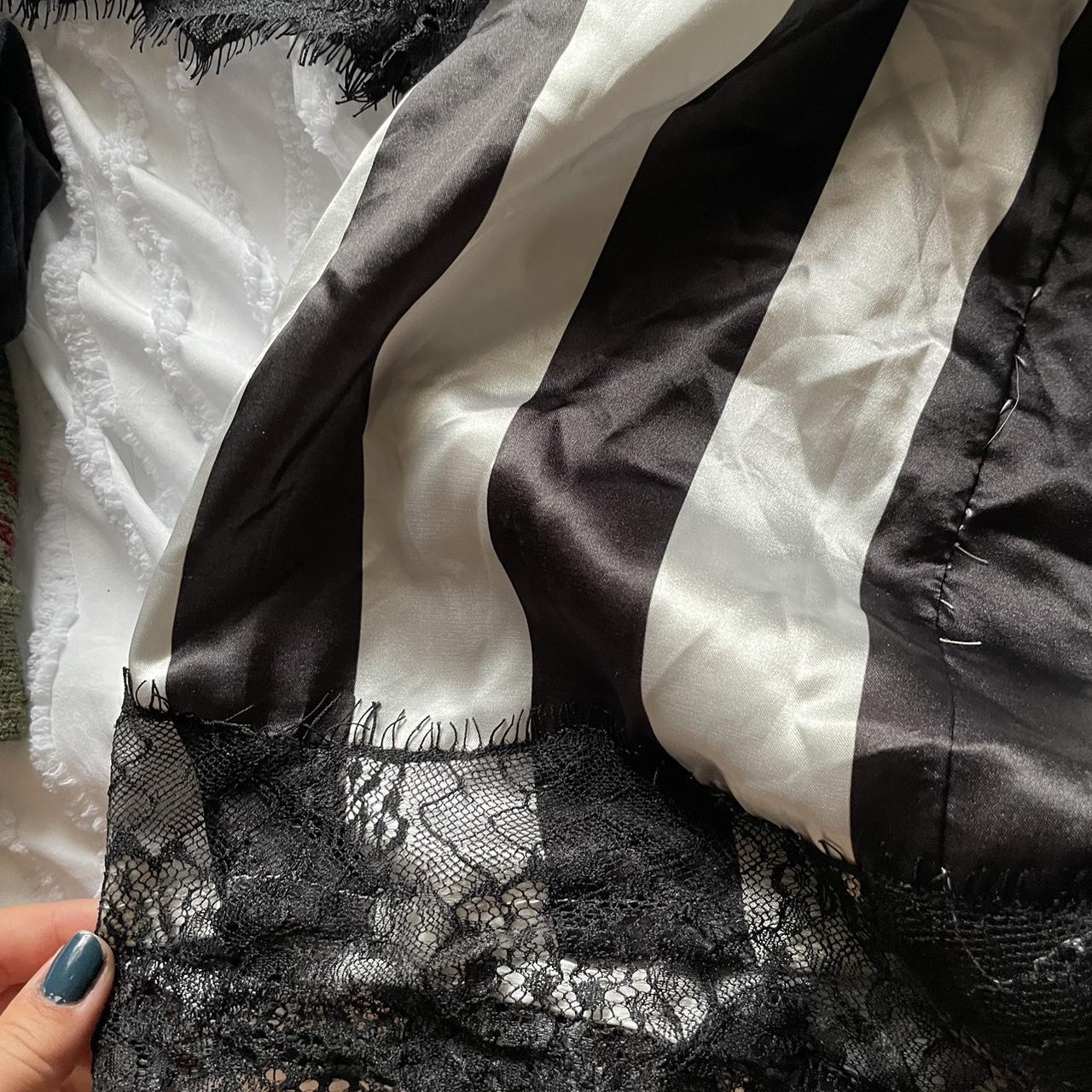Silk Black and white pinstriped robe with lace on... - Depop