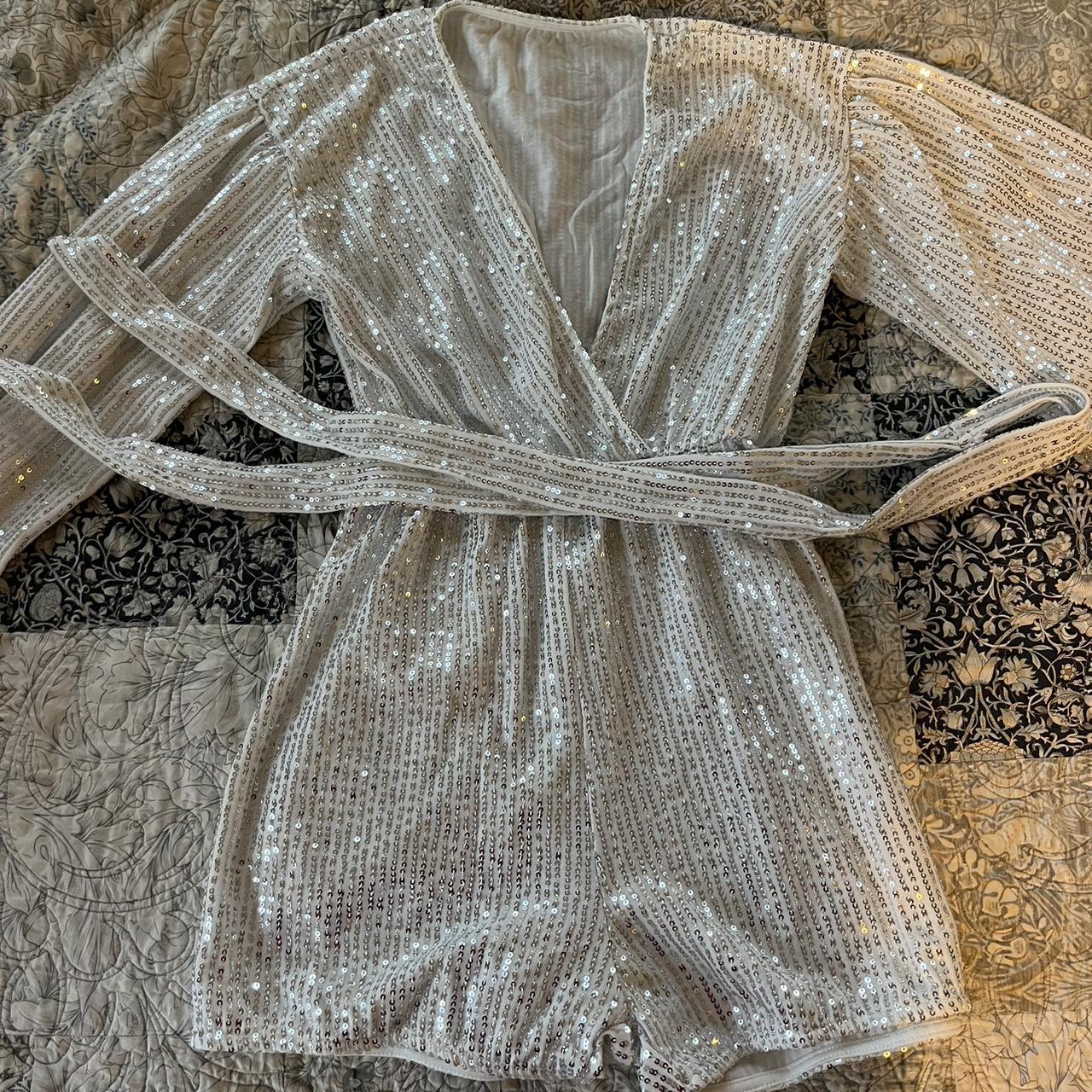 Sequined white and silver romper with removable... - Depop