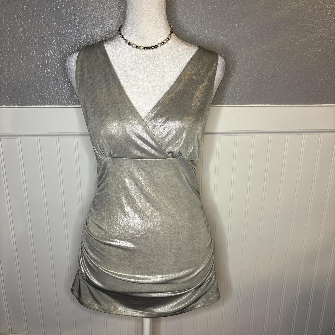 Sparkly metallic silver mini dress with ruched... | Depop