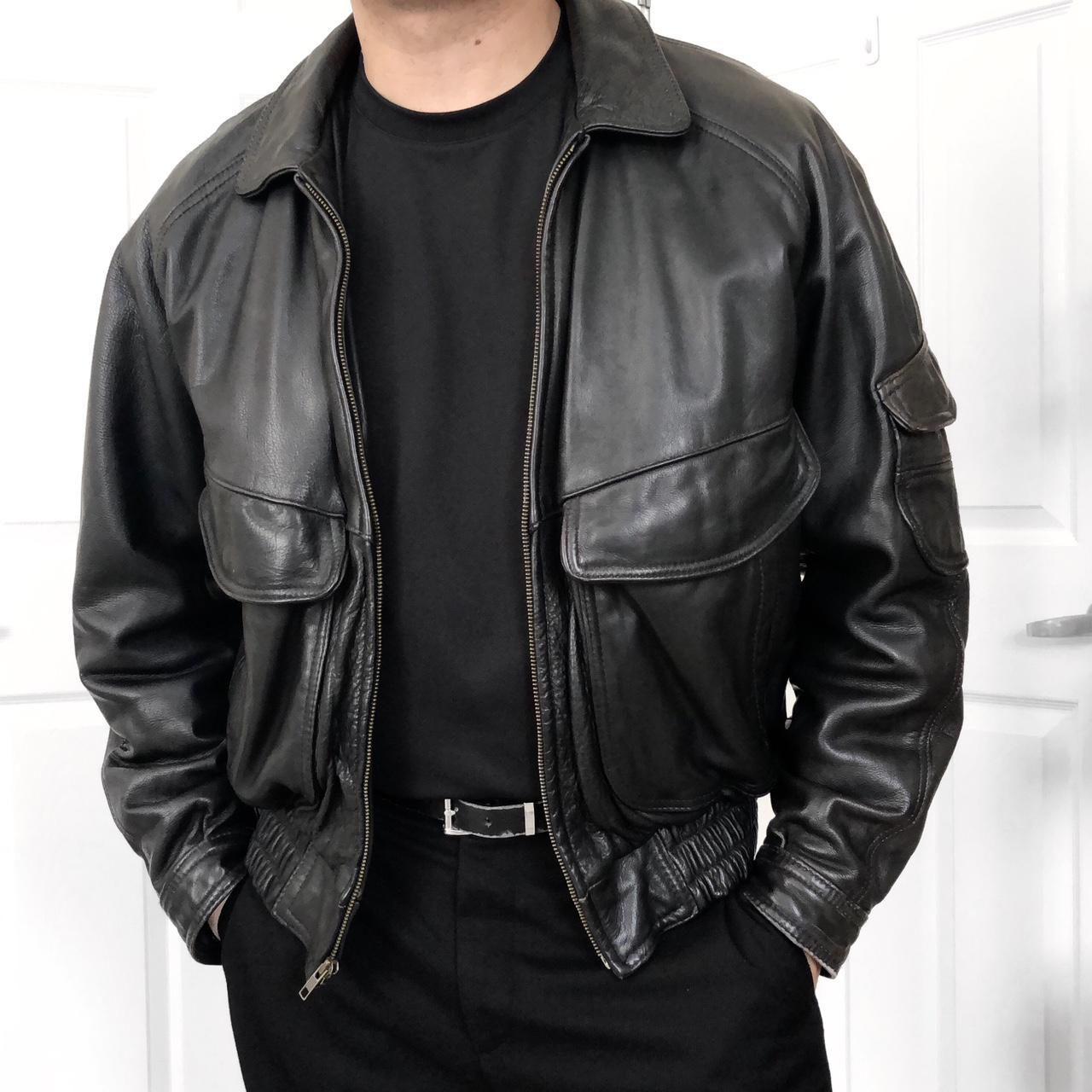 Vintage black leather flight jacket with front snap... - Depop