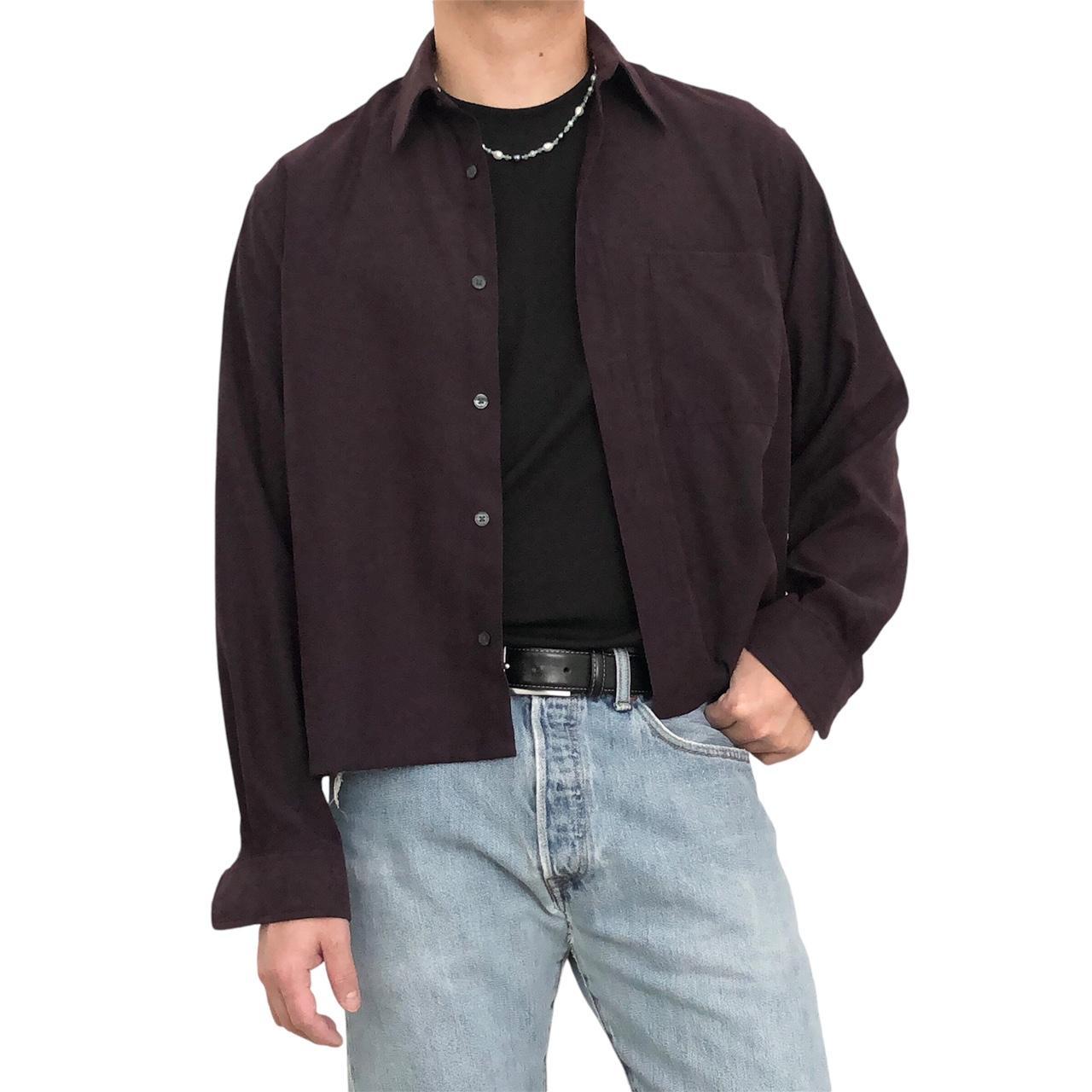 Cropped suede-like dark purple button-up shirt with... - Depop
