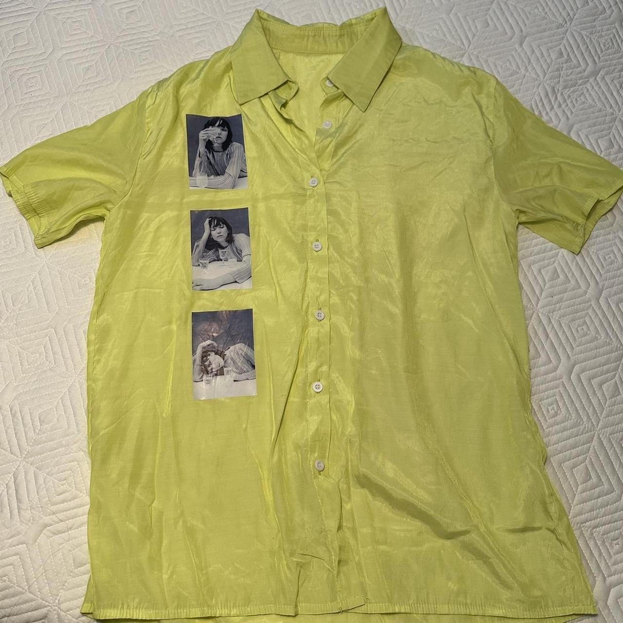 Neon lime green button up shirt with unique girl... - Depop