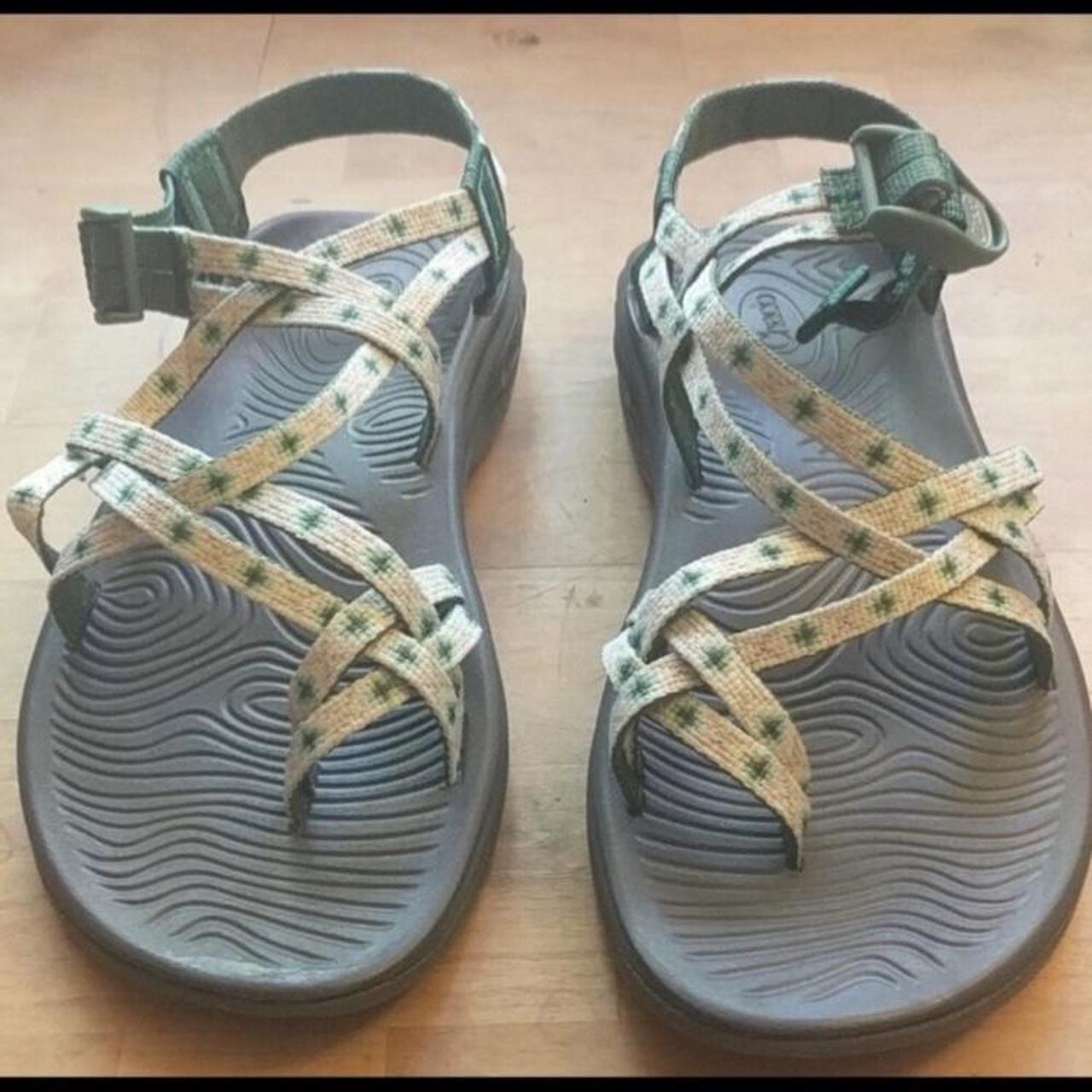 Green and crème Chacos size 9 - Depop