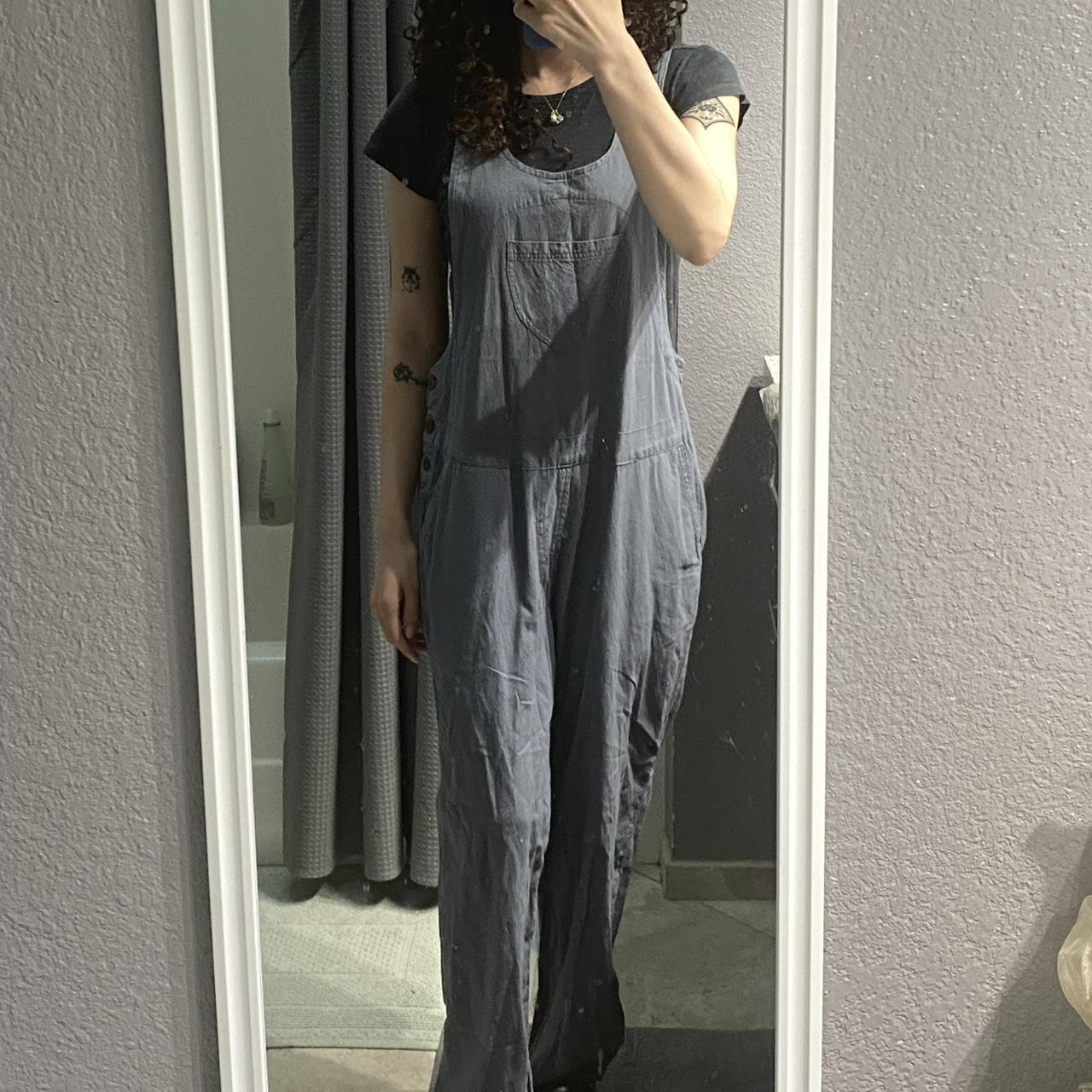 Linen bluey grey overalls with a relaxed fit Waist:... - Depop