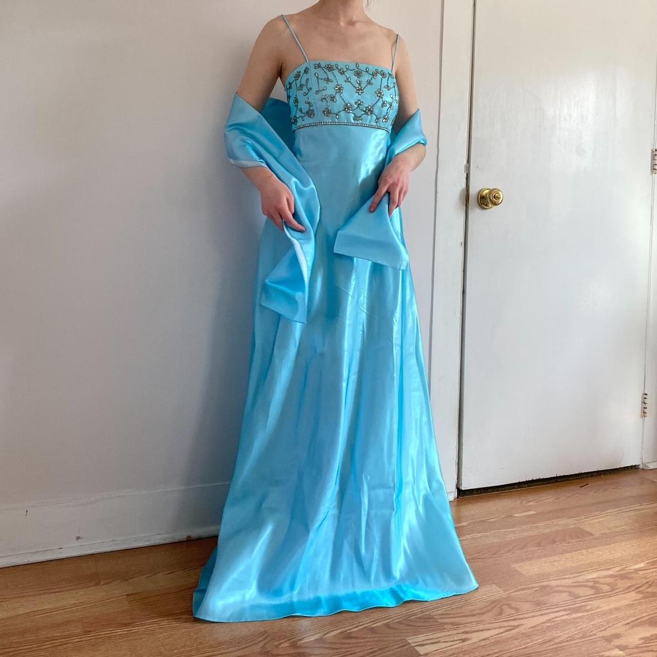 Vintage 90s light blue satin beaded prom dress... | Depop