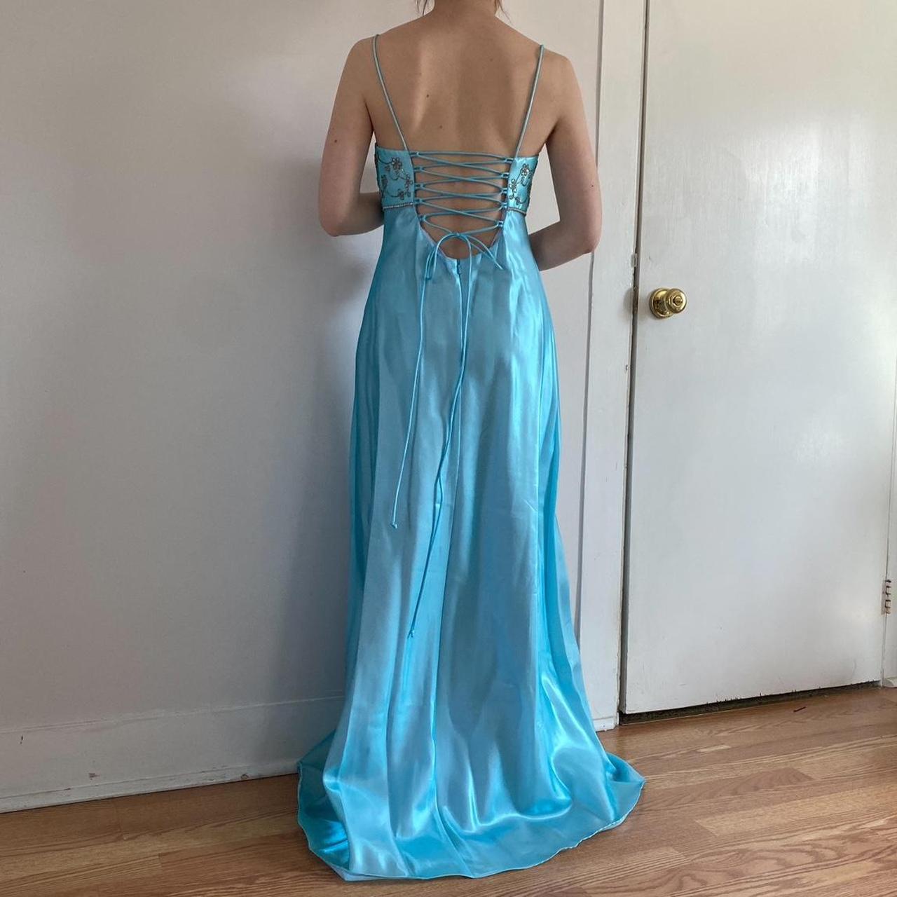 Vintage 90s light blue satin beaded prom dress... | Depop