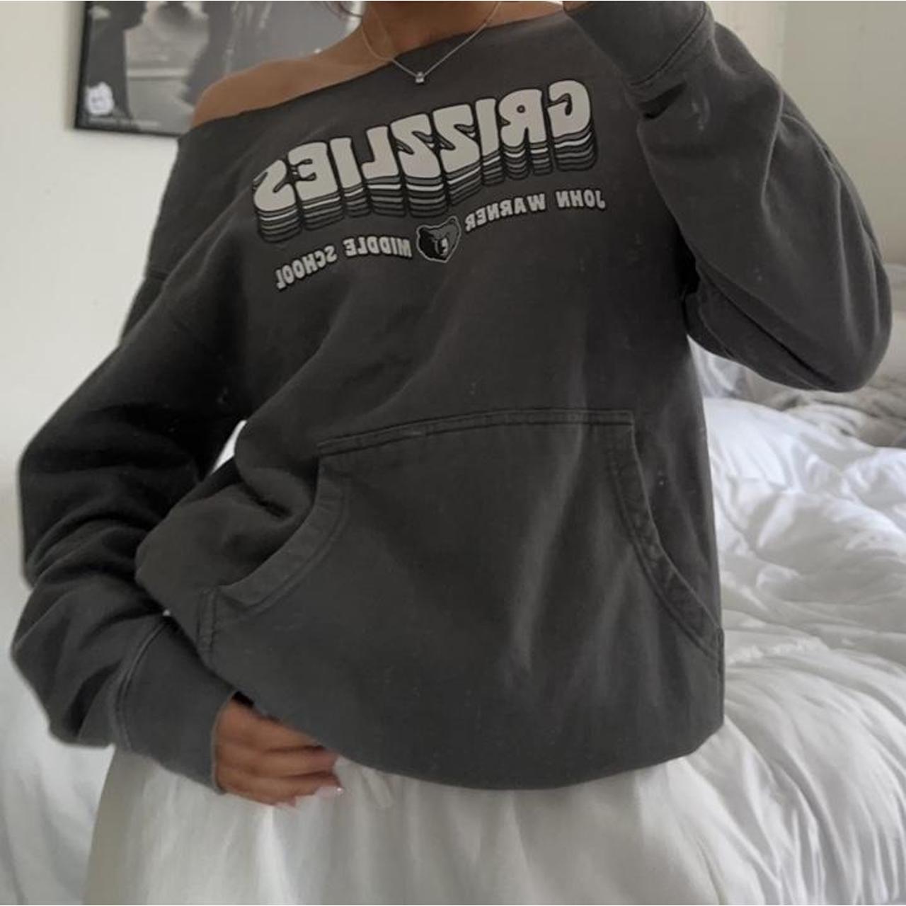 Grey off the shoulder graphic sweatshirt - Depop